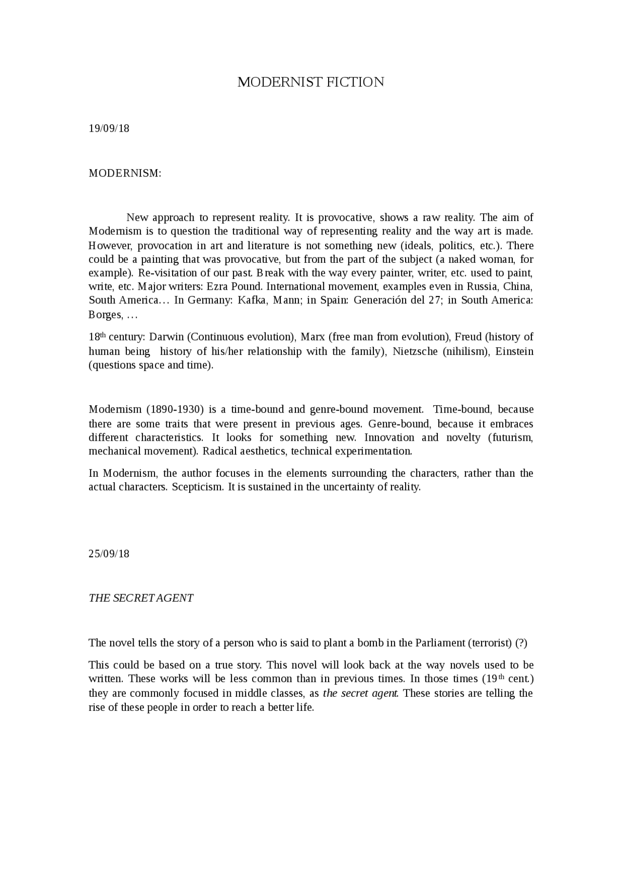 Modernist fiction notes - Docsity