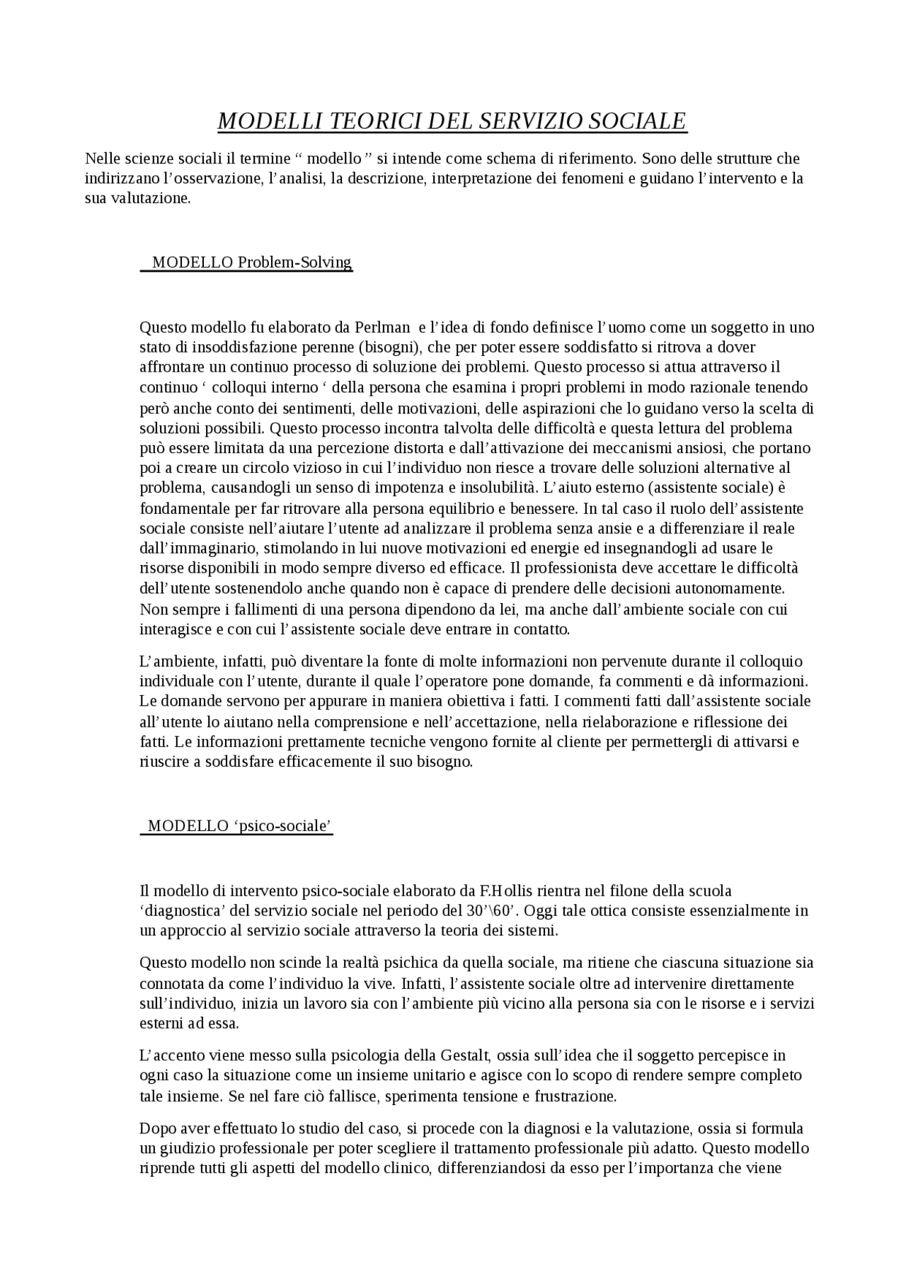 Modelli Teorici Servizio Sociale Docsity