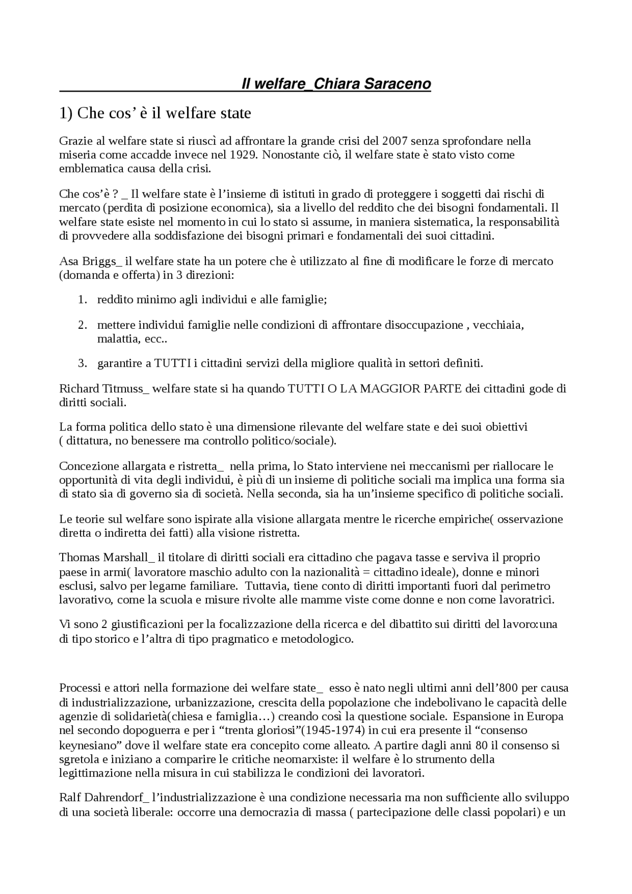 Il Walfare Di Chiara Saraceno Docsity