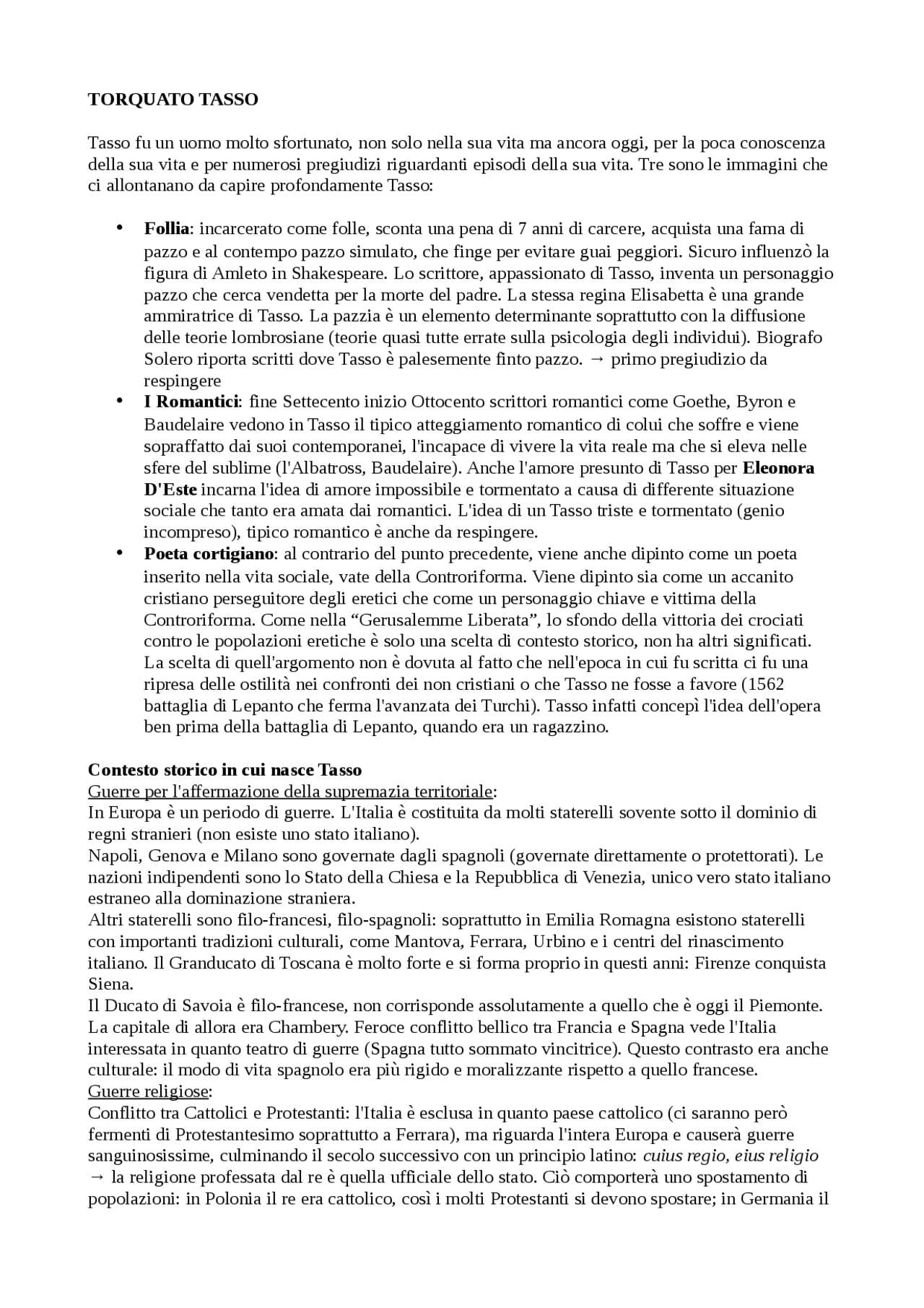Appunti Torquato Tasso Docsity