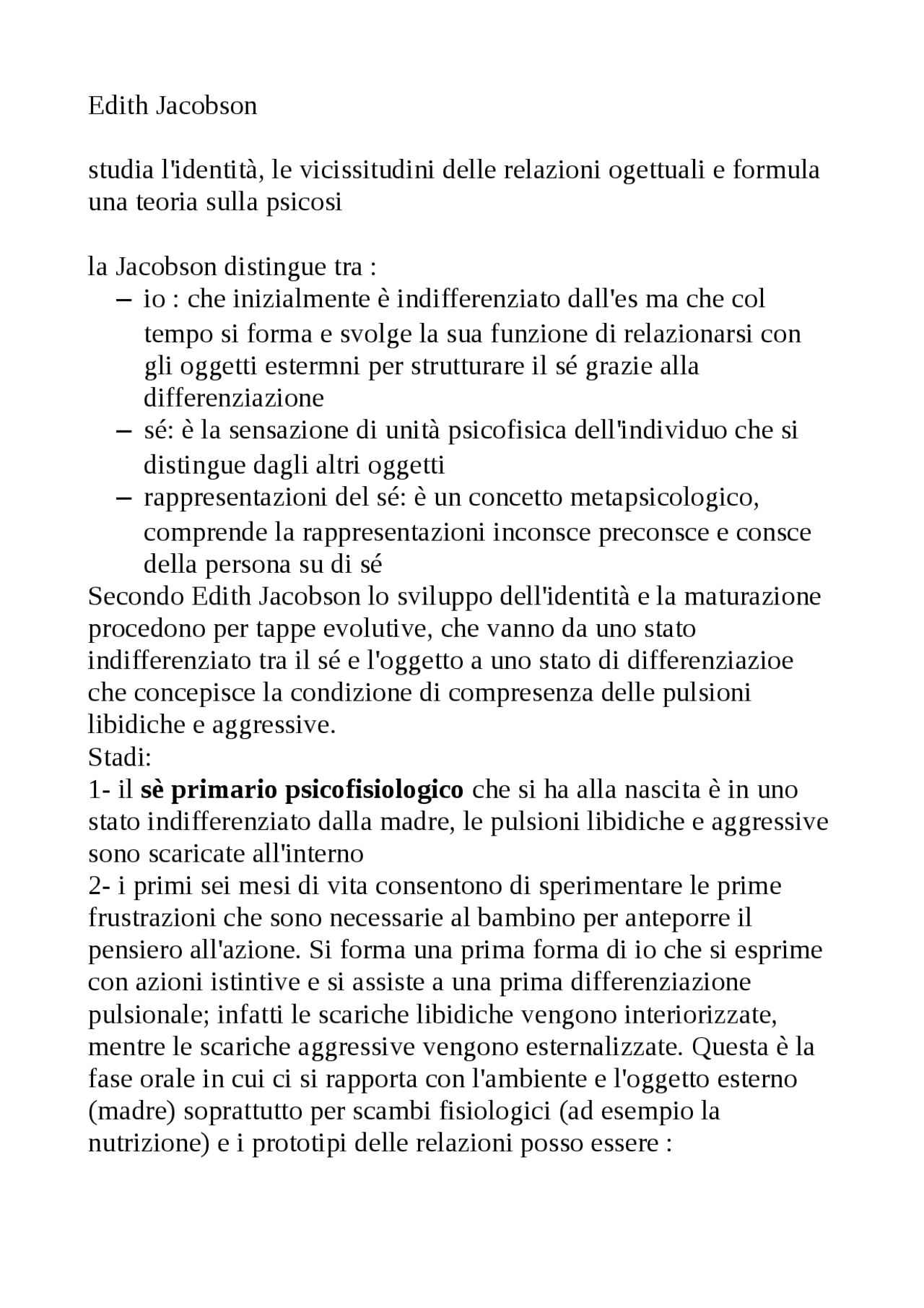 Riassunto Edith Jacobson | Appunti di Psicologia Dinamica | Docsity