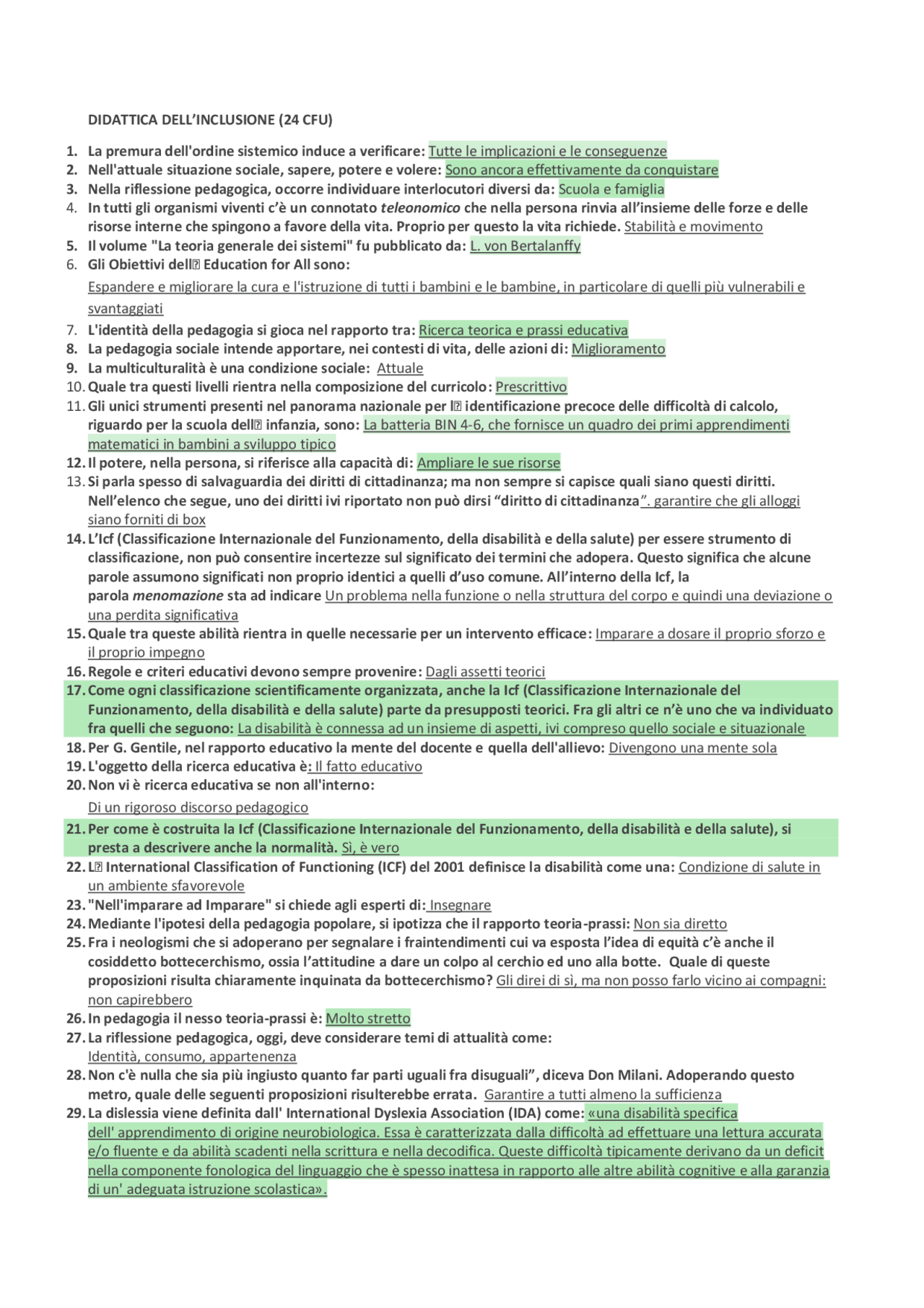 Risposte Test Didattica Dellinclusione Docsity