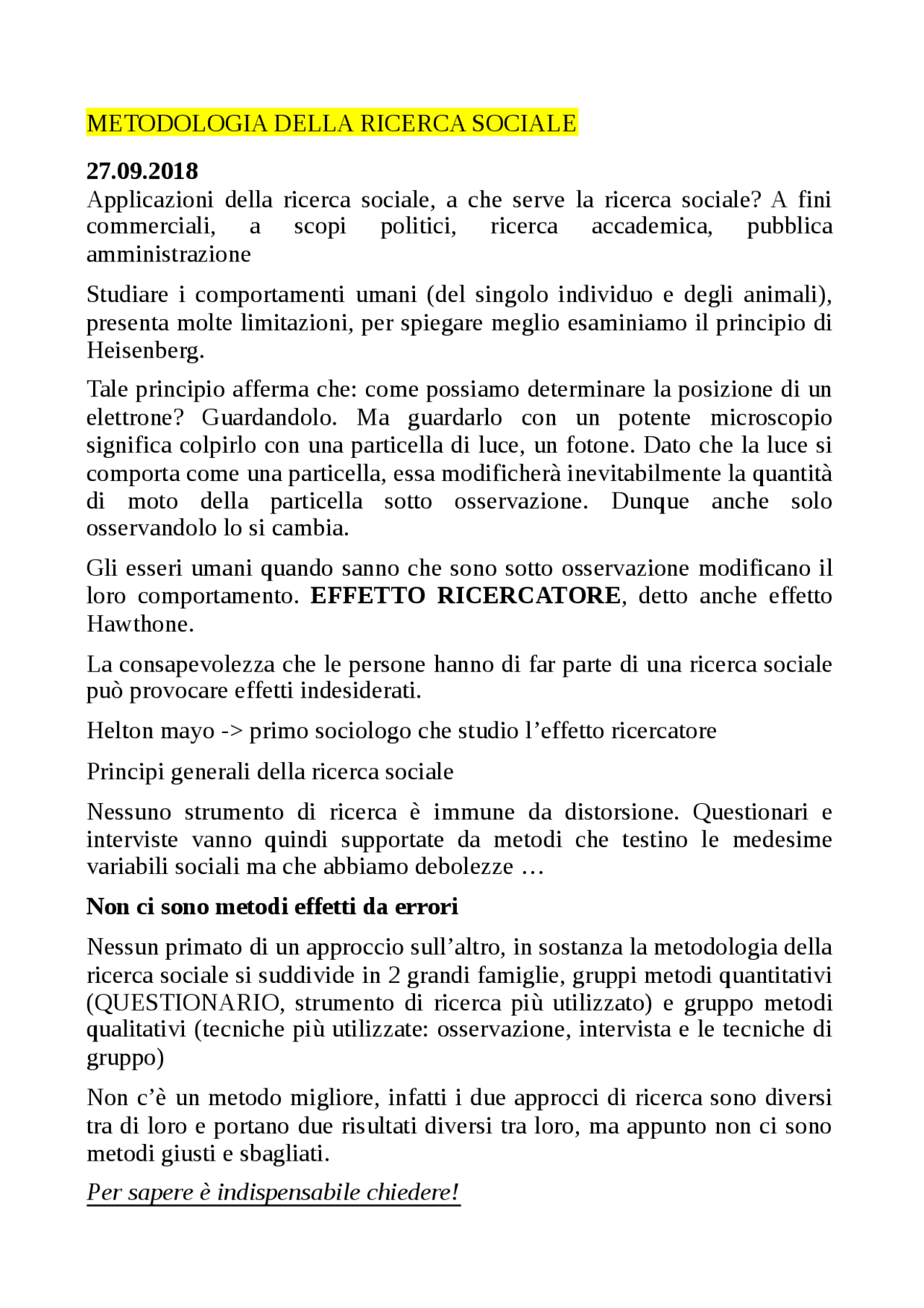 Metodologia Della Ricerca Sociale Docsity
