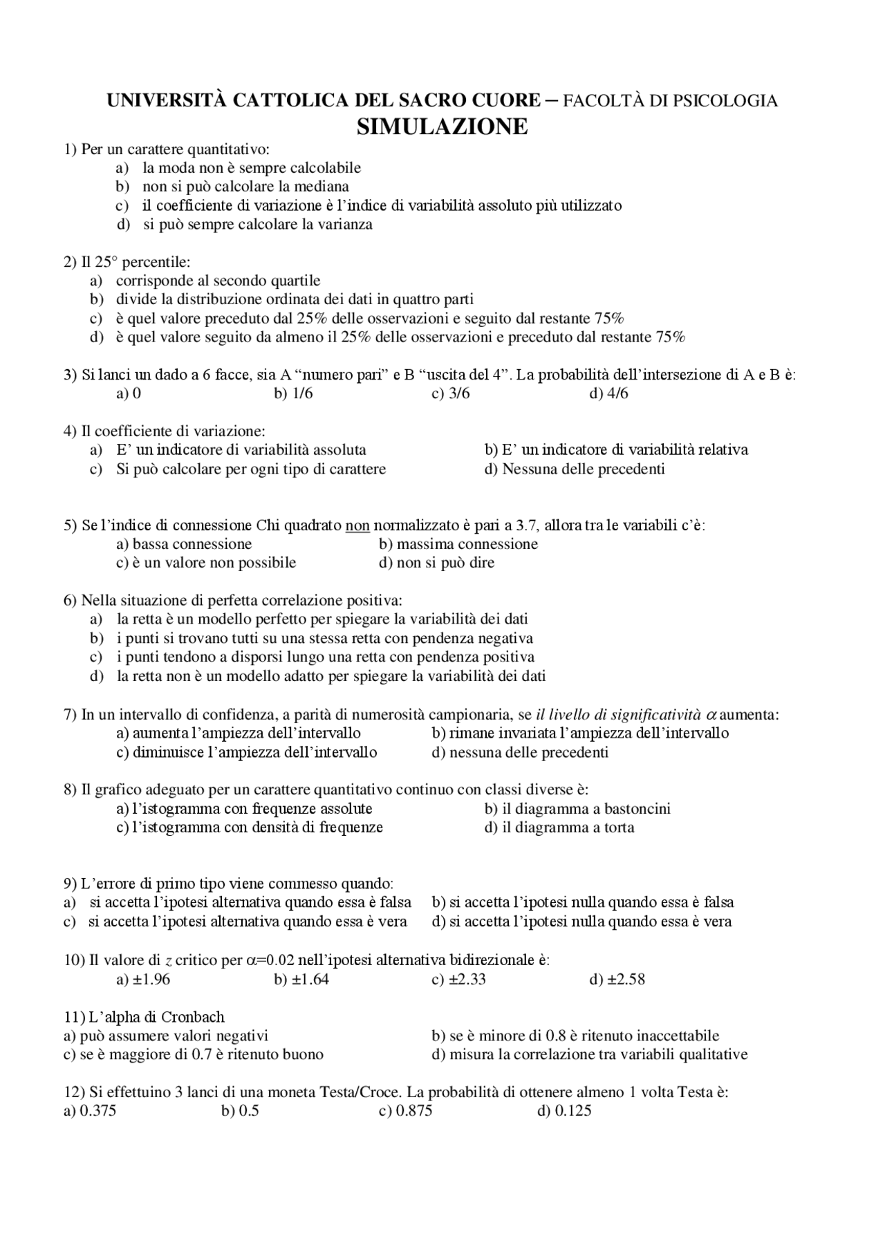 Simulazione d'esame statistica psicometrica - Docsity