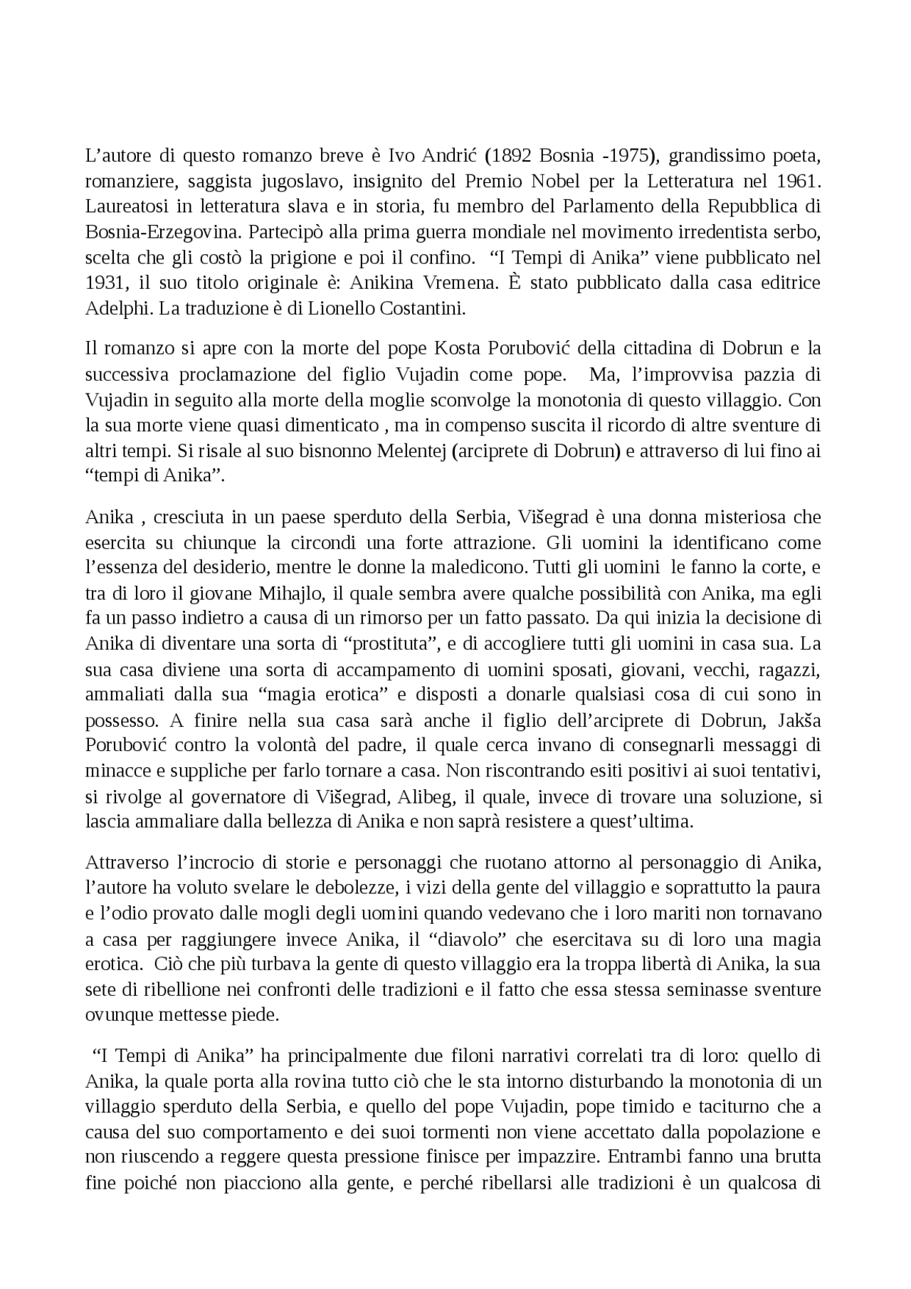 I Tempi Di Anika Ivo Andric Docsity