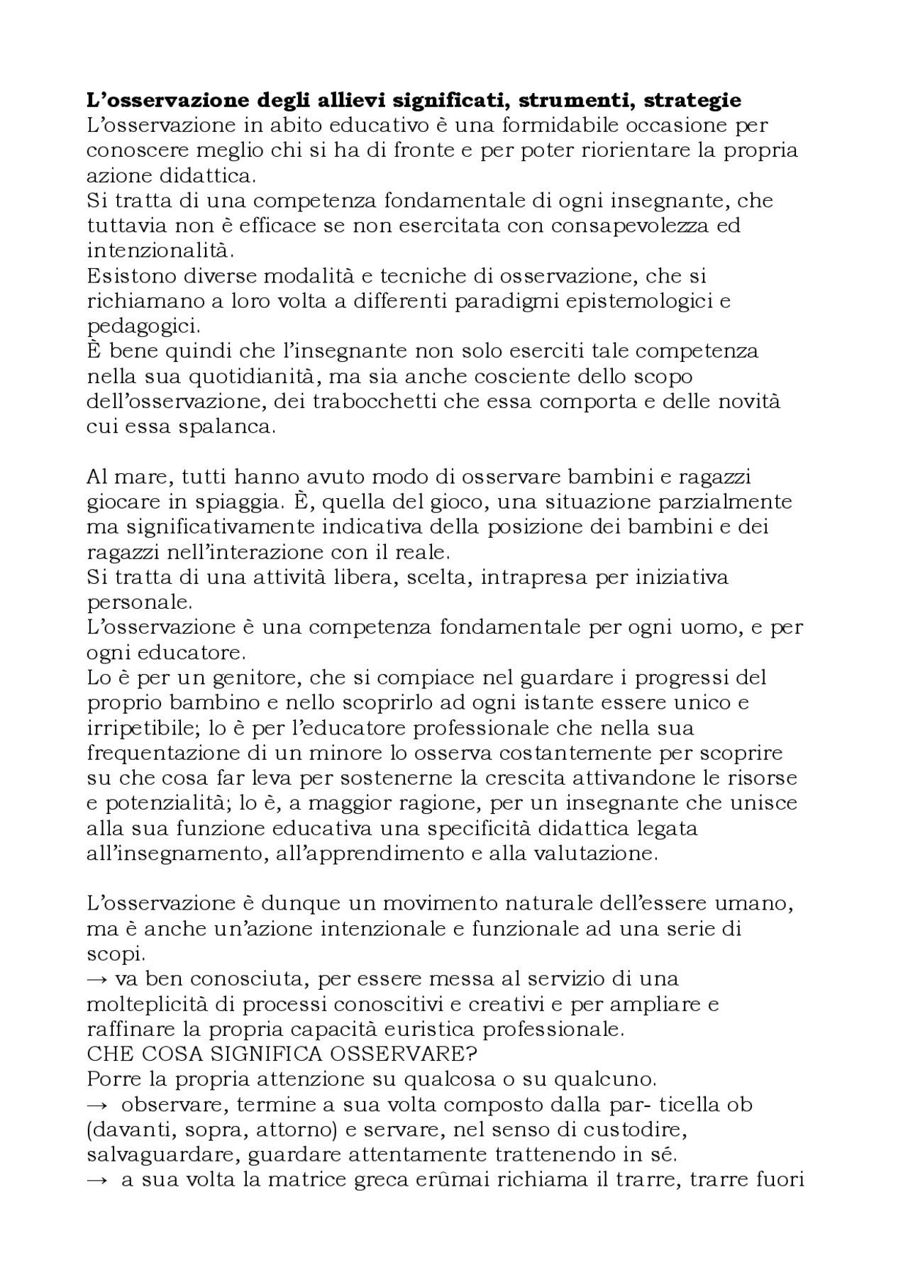 Osservazione Degli Allievi Riassunto Docsity