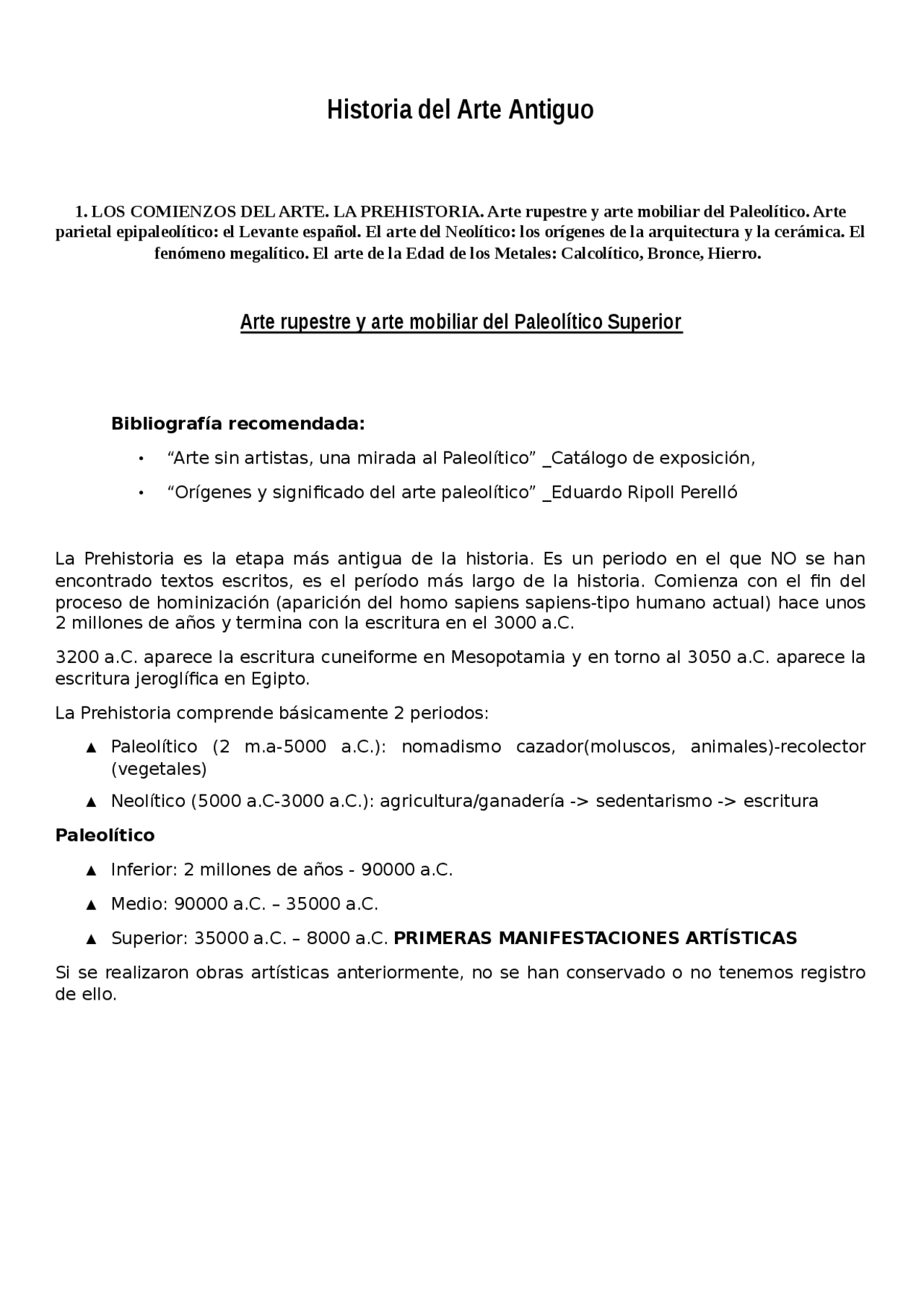 Tema 1 Historia del Arte Antiguo (Prehistoria) - Docsity