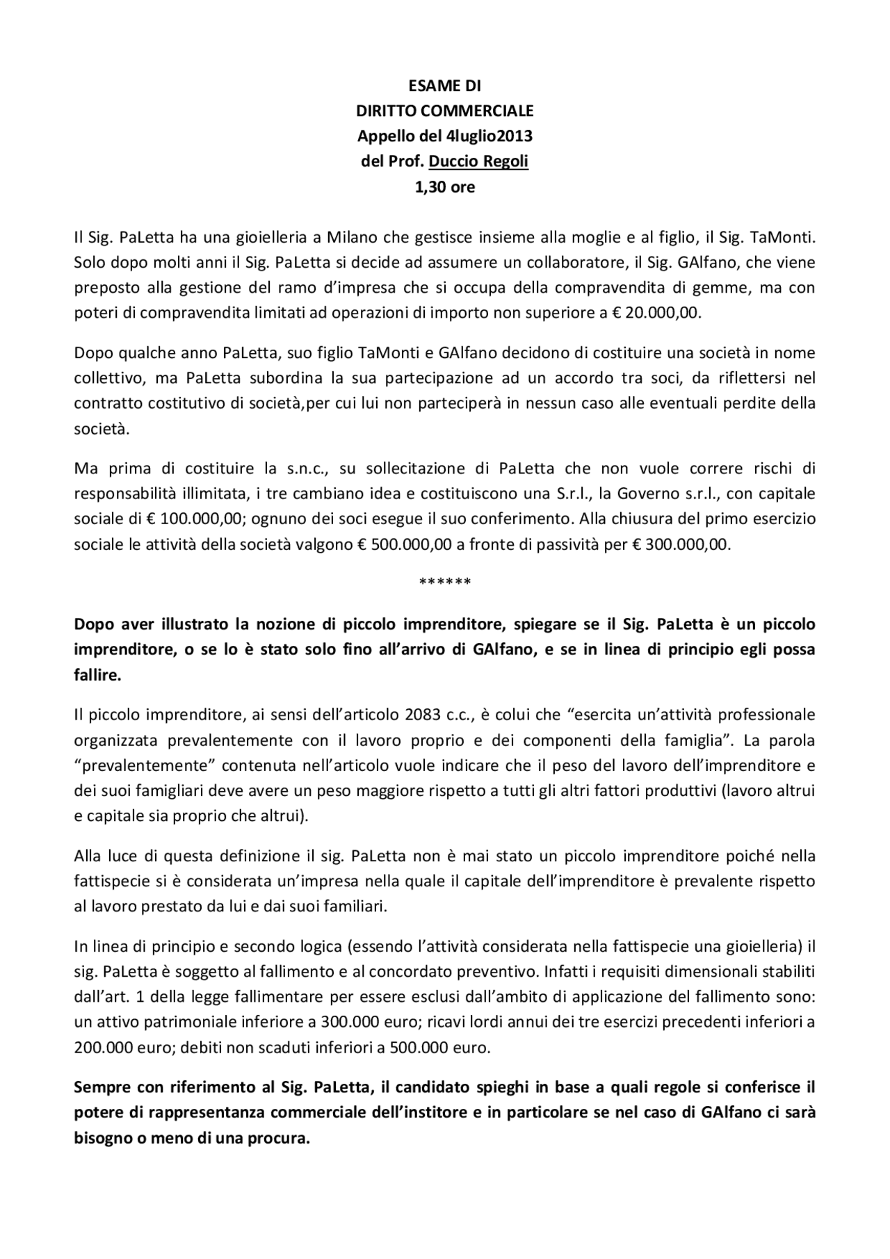Temi Desame Prova Scritta Di Diritto Commerciale Prof Duccio