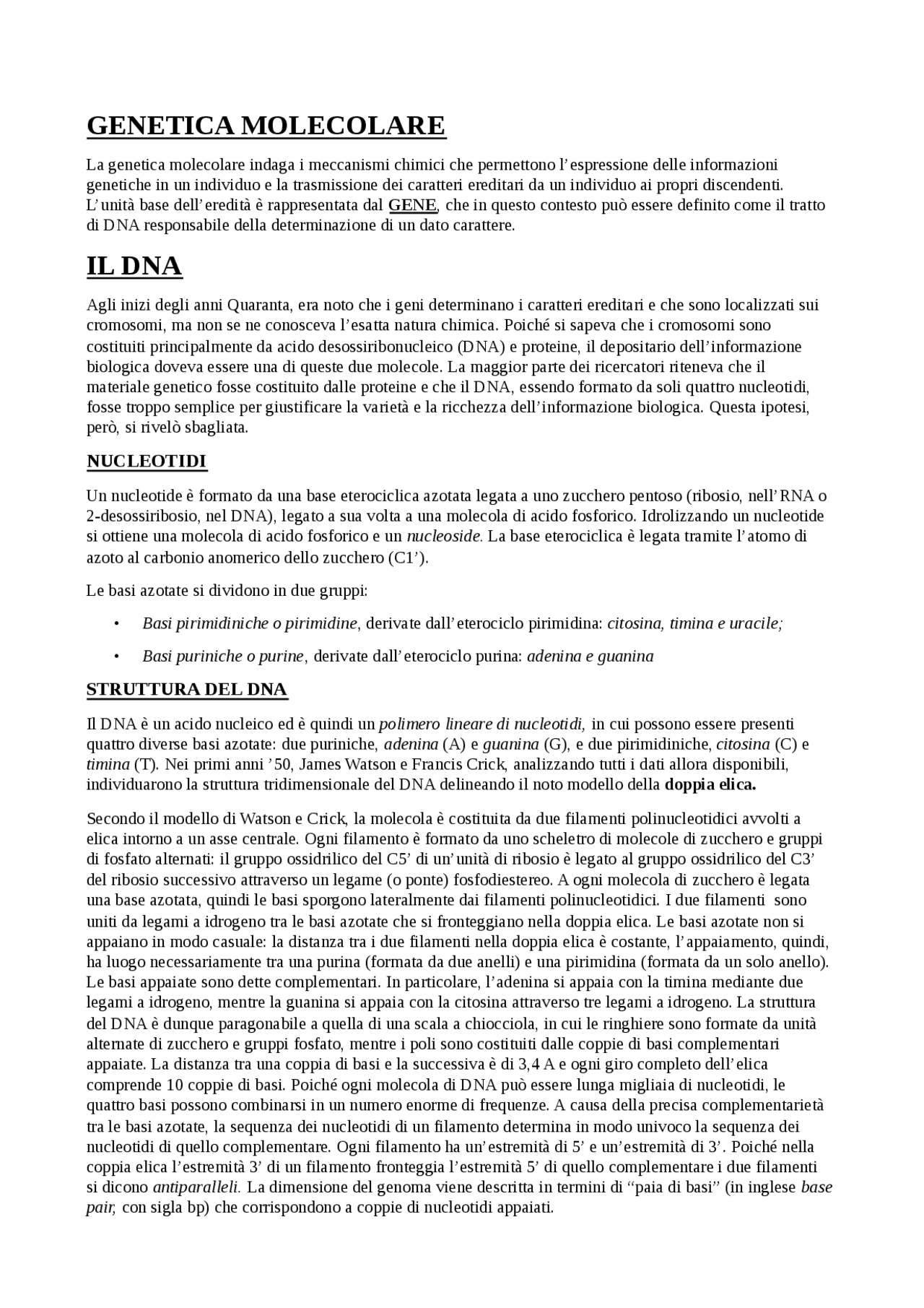 Genetica Molecolare Appunti Docsity