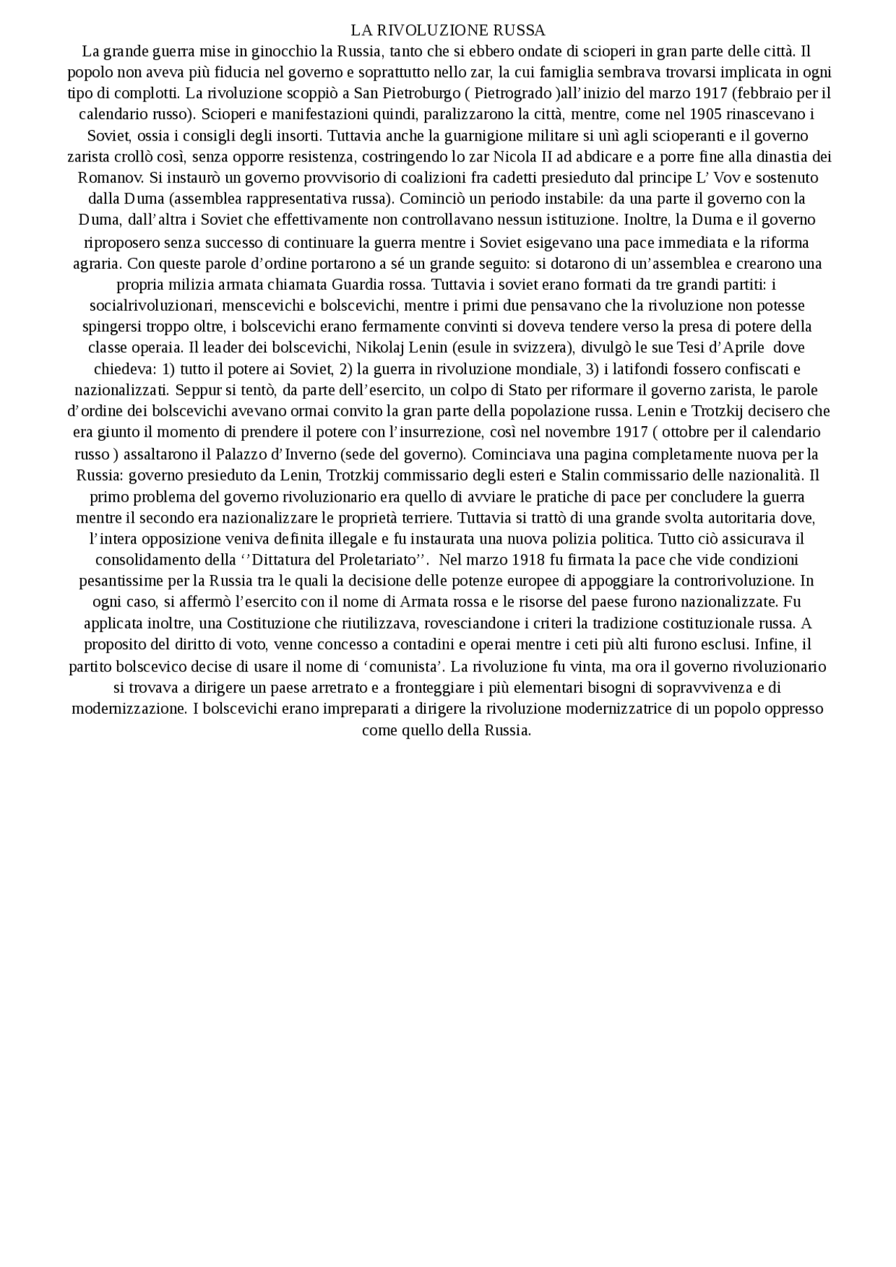La Rivoluzione Russa Docsity