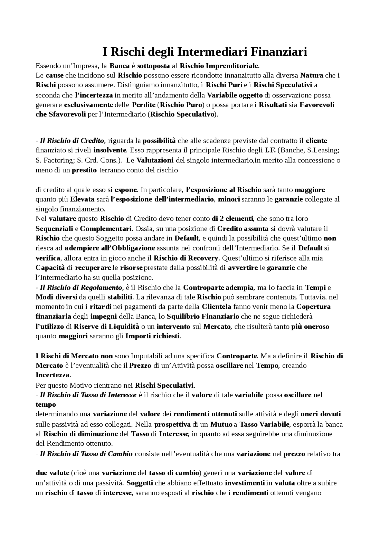 I Rischi degli Intermediari Finanziari - Docsity