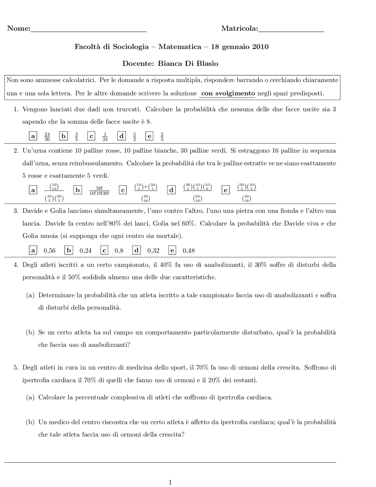 Esame Matematica Unimib Docsity