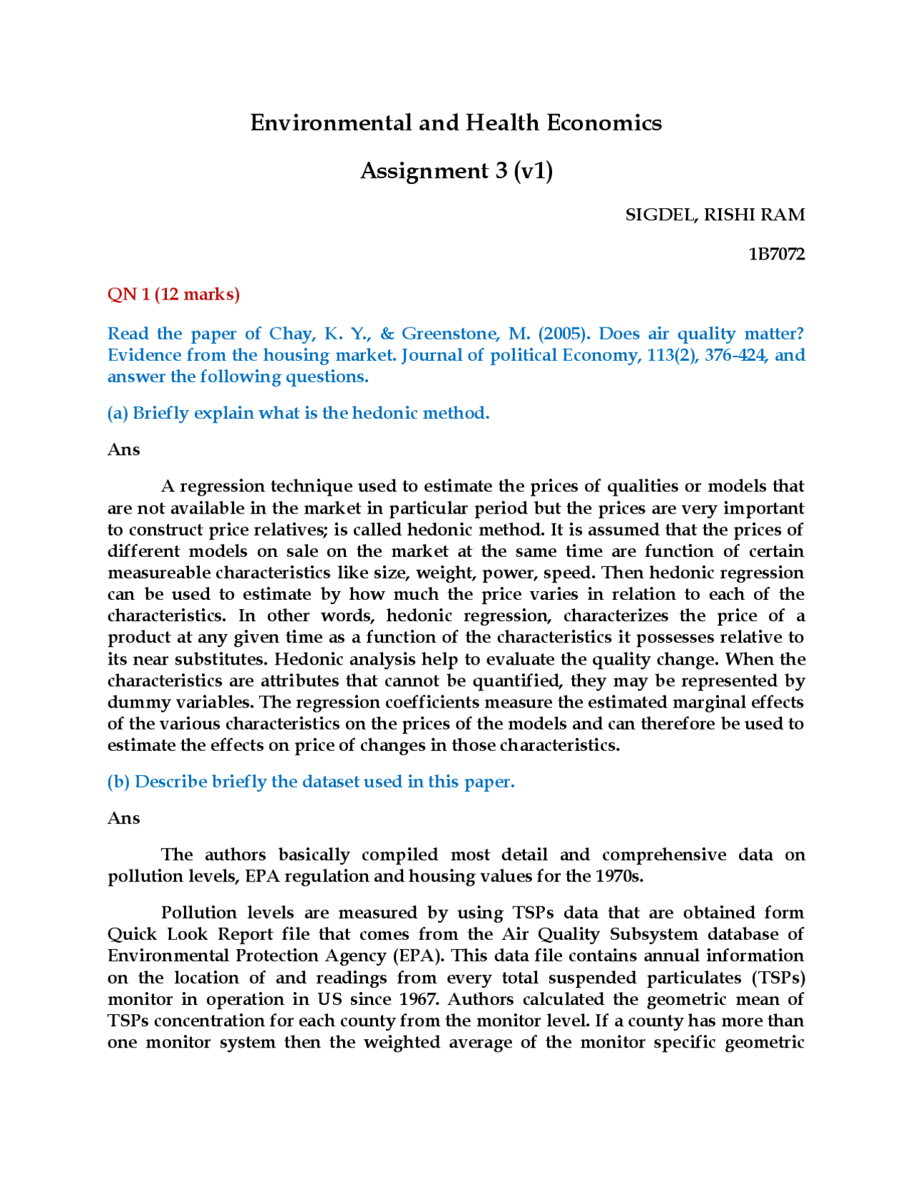 Solutions To The Assignments On Environmental And Health Economics