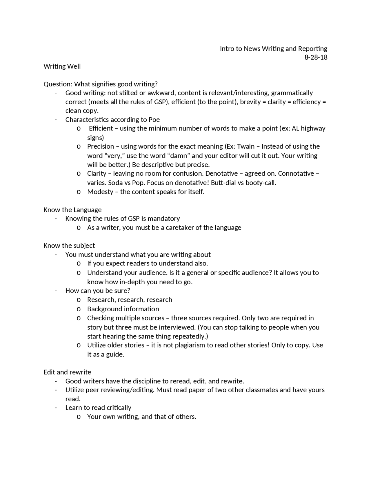 Introduction To News Writing And Reporting Fall 2018 Co 2413 Docsity