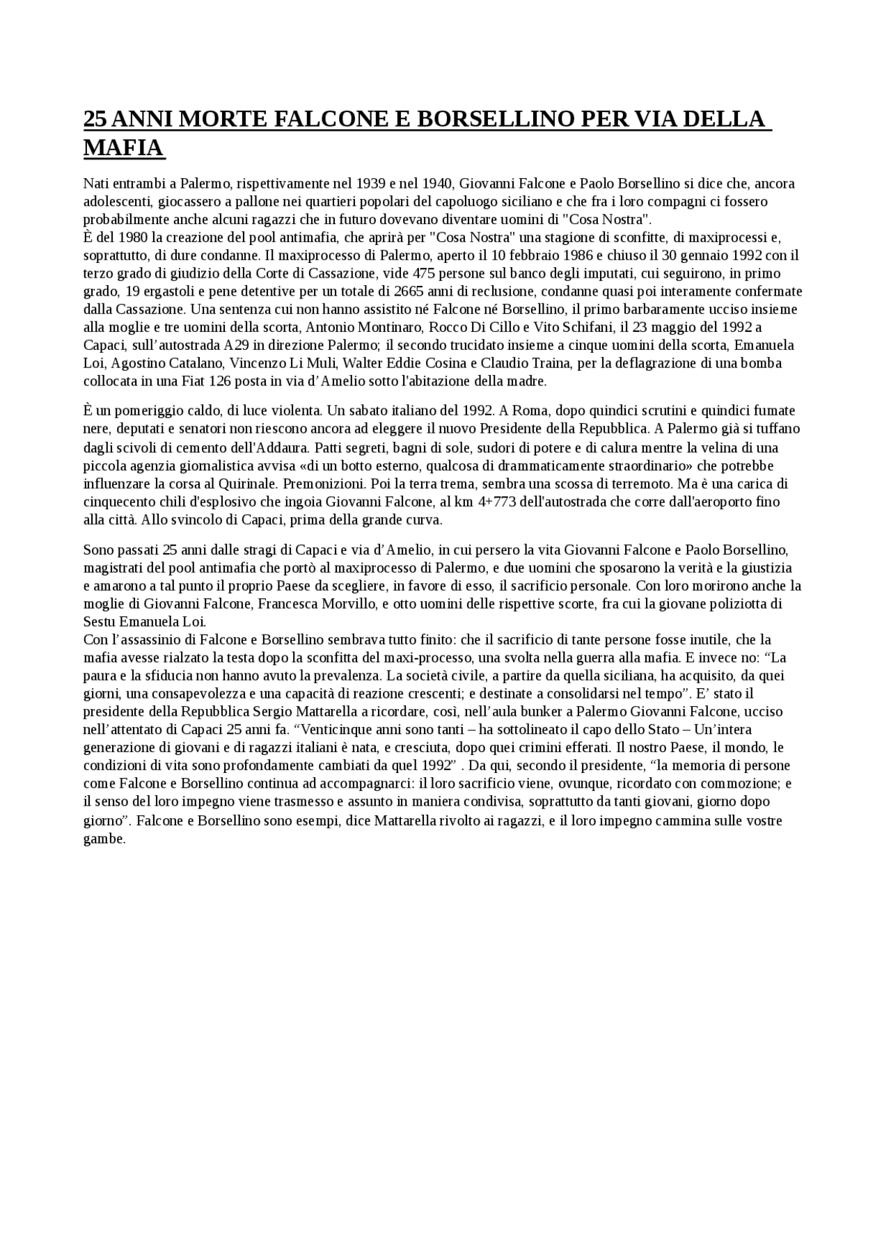 25 anni della morte di Falcone e Borsellino - Docsity