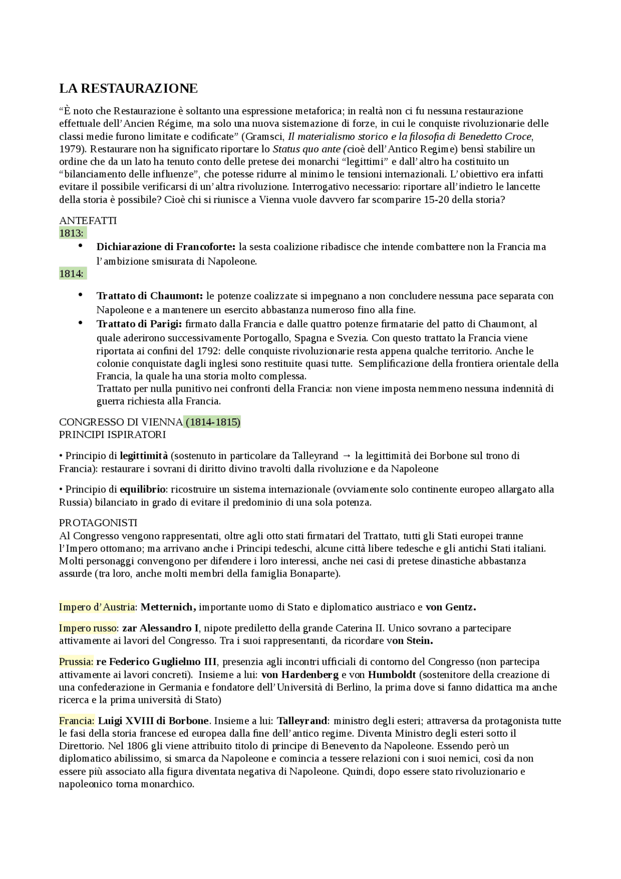 Riassunto Sulla Restaurazione Docsity