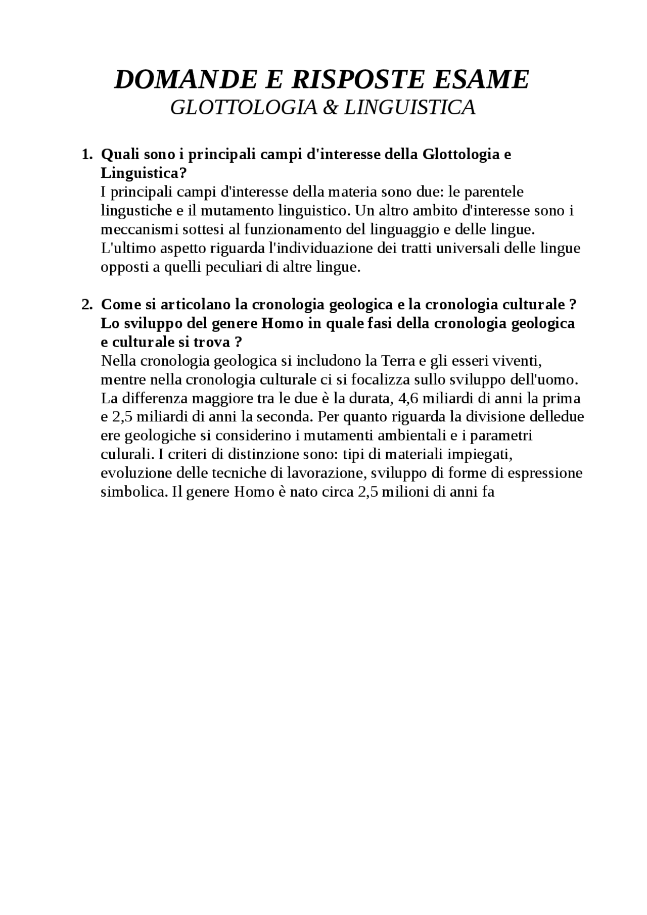 Domande E Risposte Fondamentali Glottologia E Linguistica Docsity