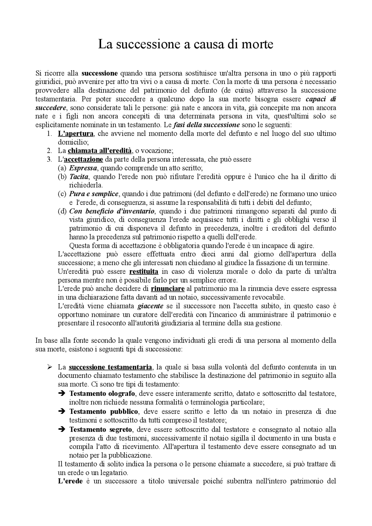 Norme sulla successione a causa di morte - Docsity