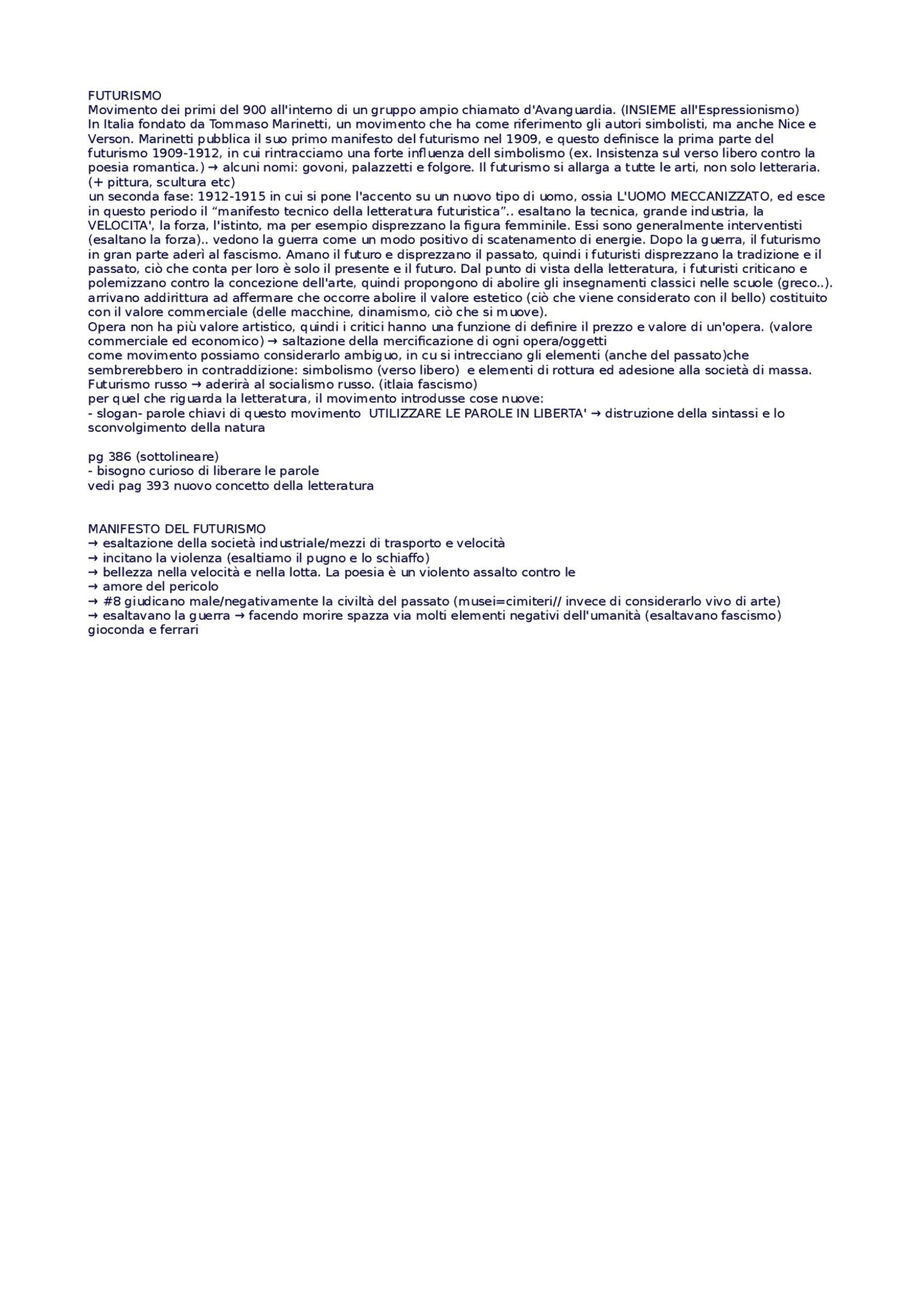 Futurismo Sintesi E Appunti Docsity