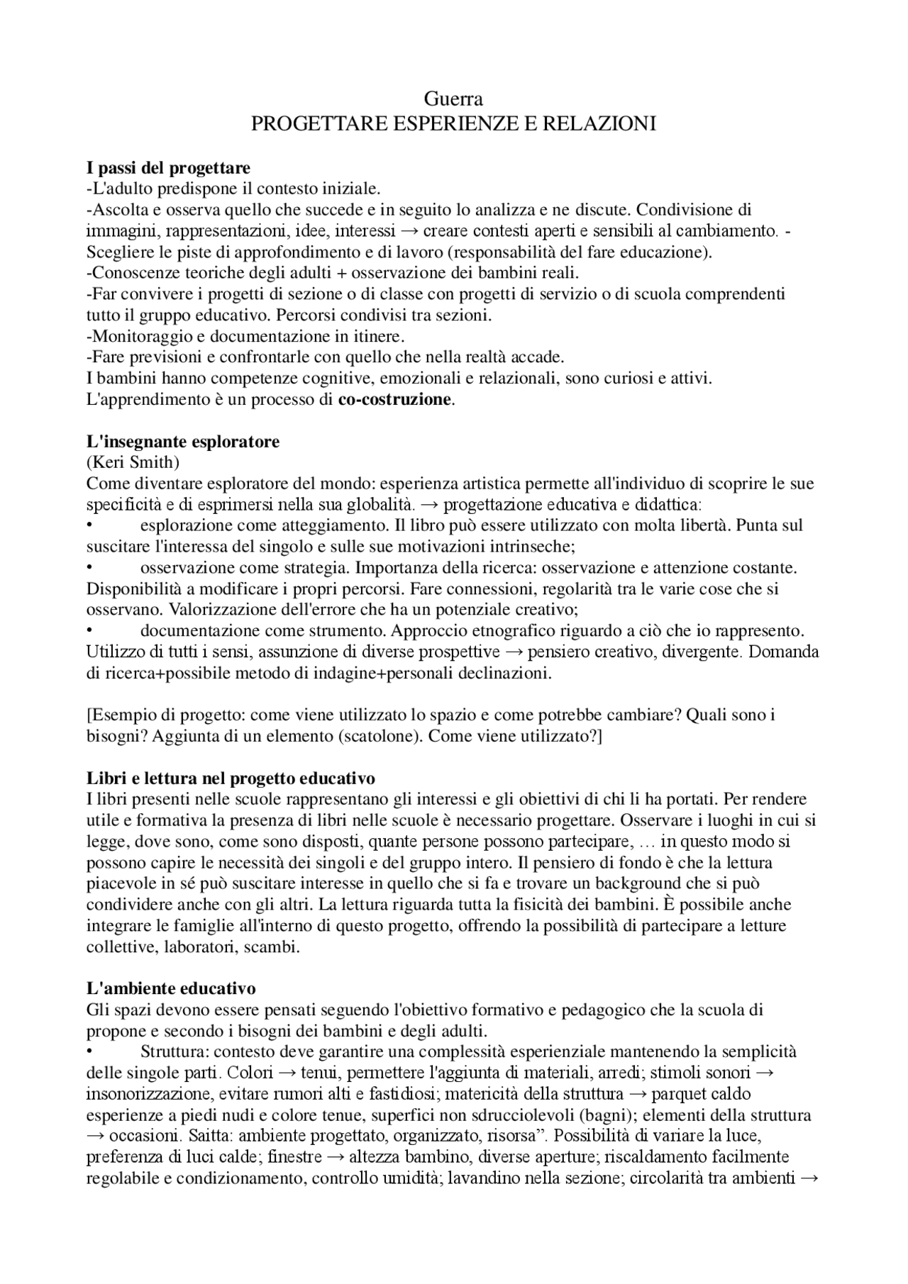 Progettare Esperienze E Relazioni Libro Di Guerra M Docsity