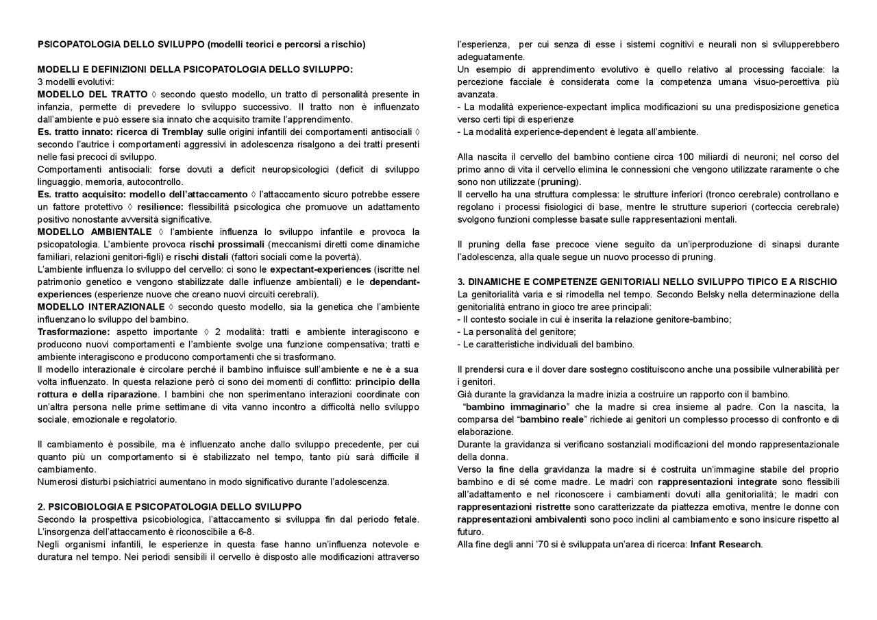 Psicopatologia dello Sviluppo. Modelli teorici e percorsi a rischio. - Docsity