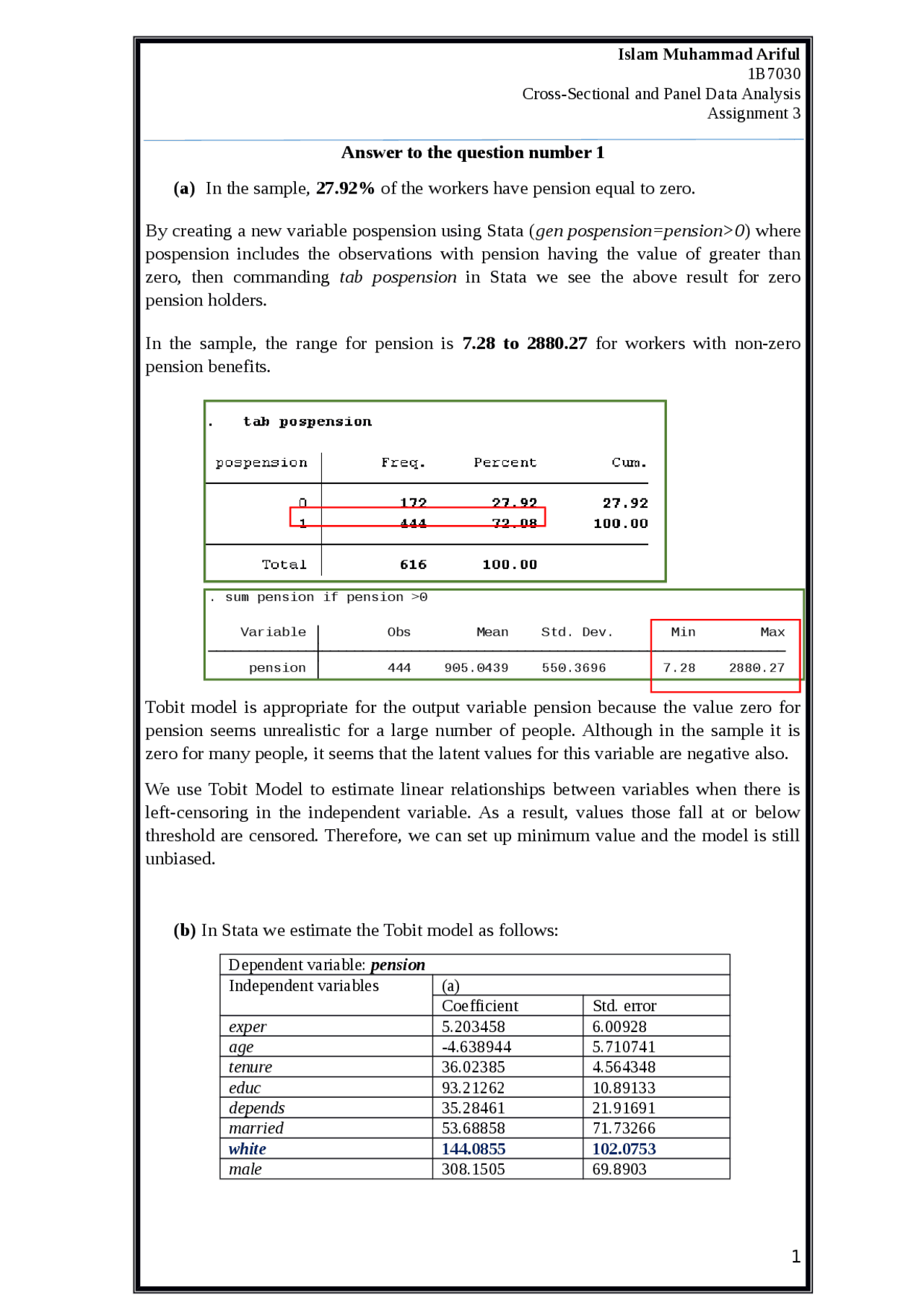 Assignments On Cross Section And The Panel Data Analysis Docsity