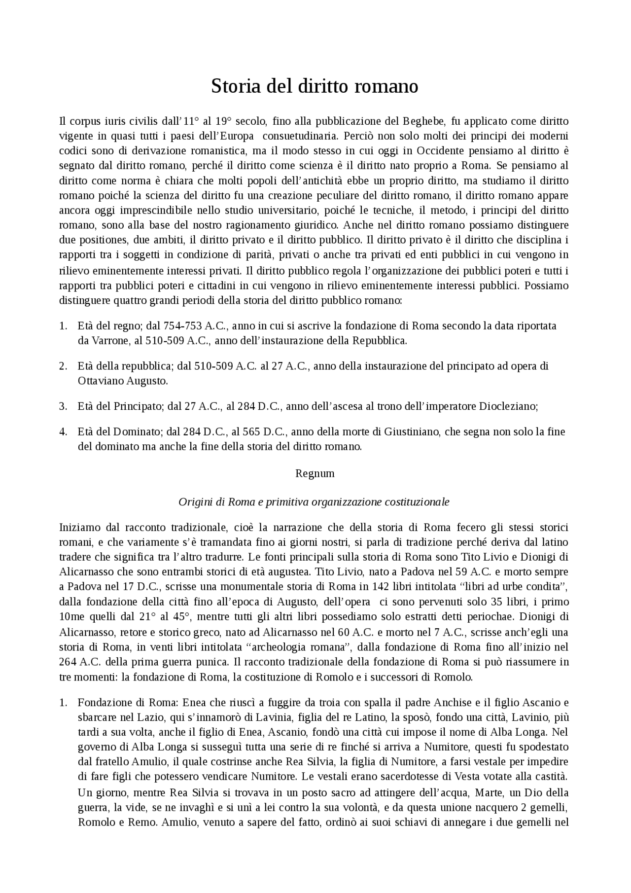 Storia del diritto romano, regnum e res publica - Docsity