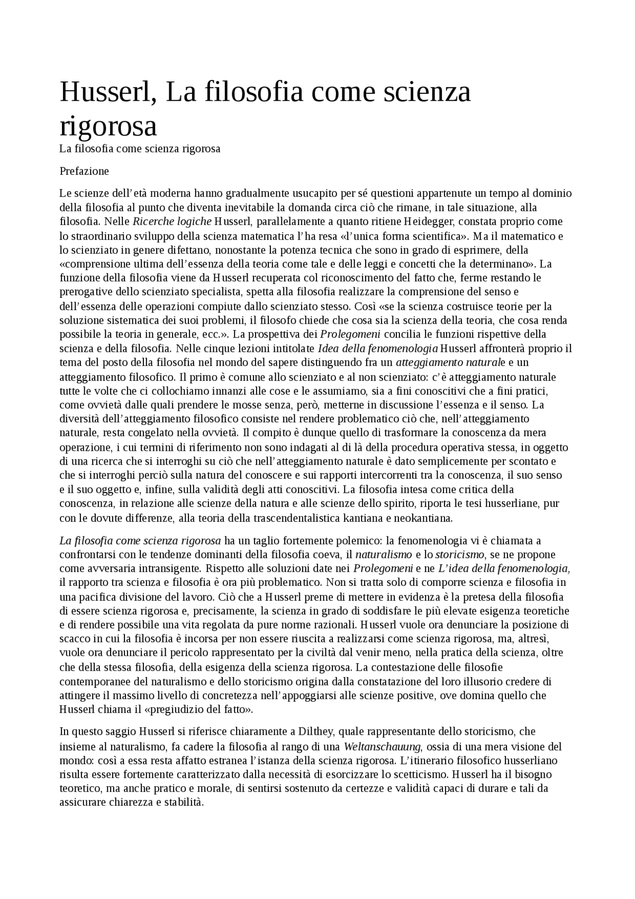 Husserl La Filosofia Come Scienza Rigorosa Docsity