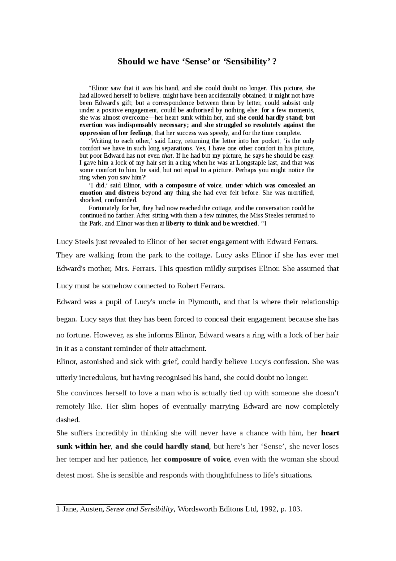 Jane Austen Sense Vs Sensibility Docsity