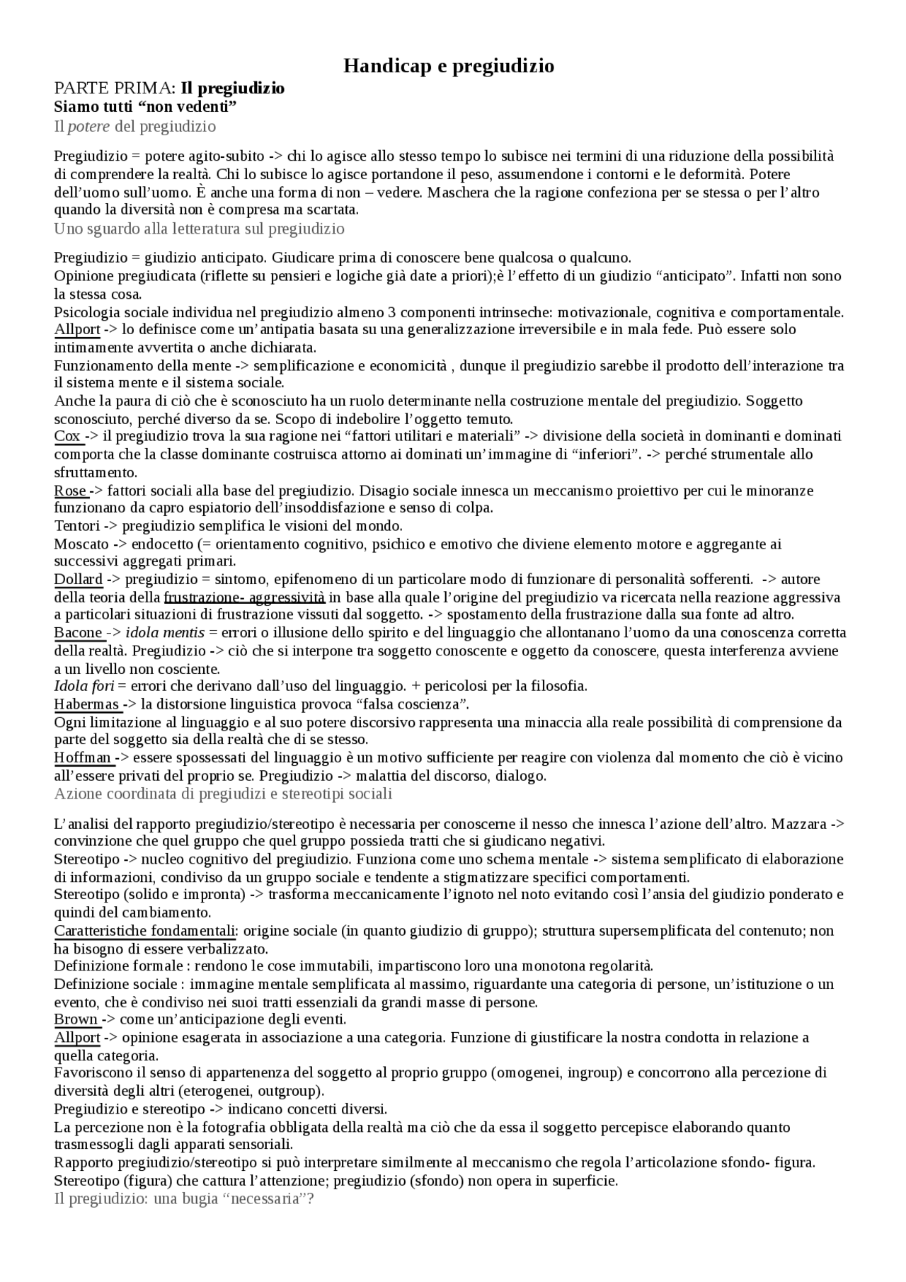 Handicap E Pregiudizio Sintesi Del Corso Di Pedagogia Docsity