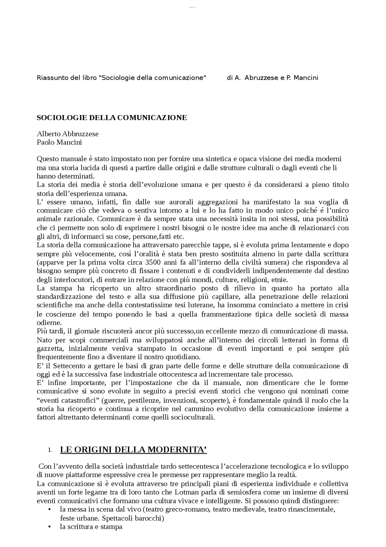 Sociologie Della Comunicazione Abruzzese E Mancini Docsity