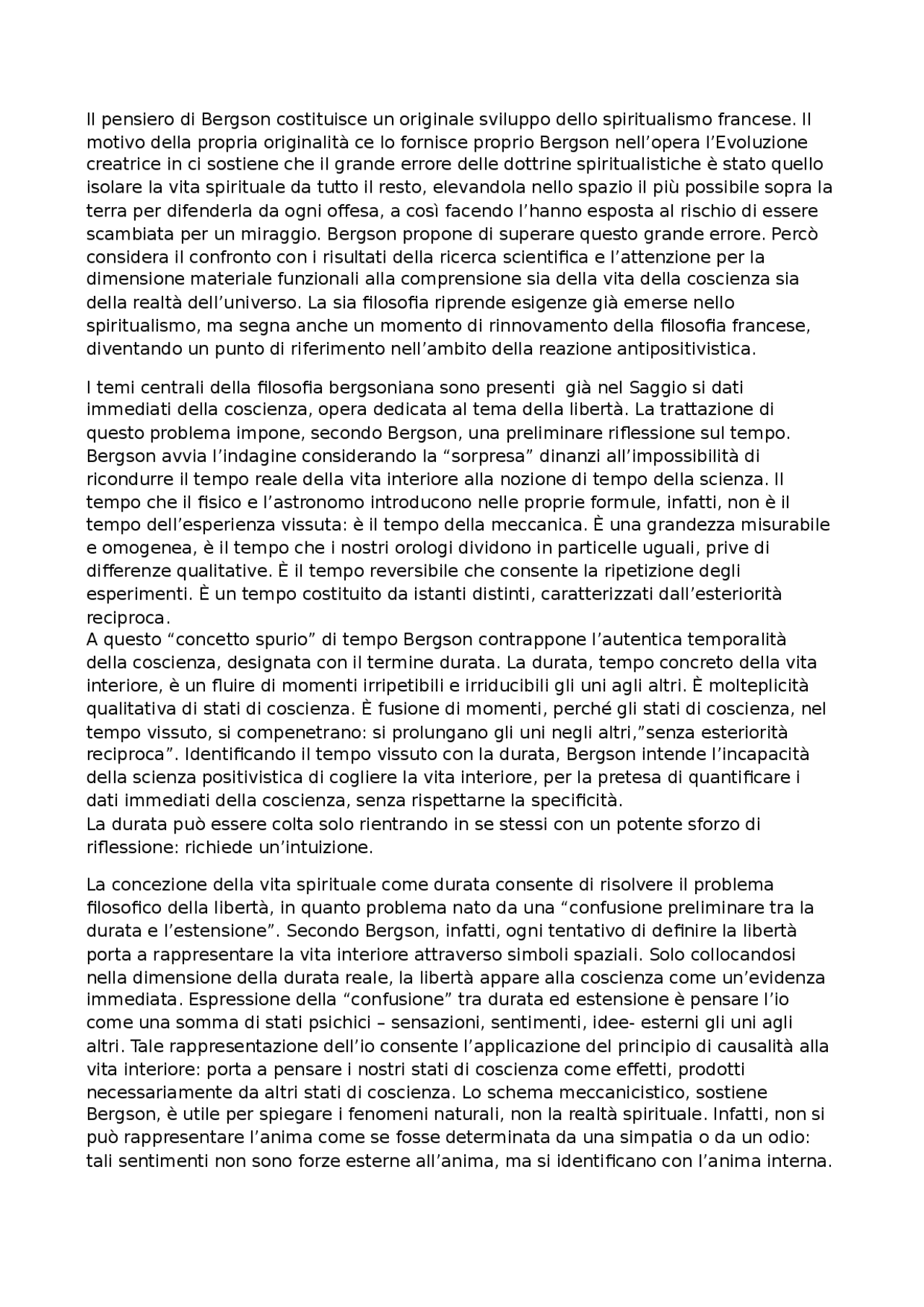 Il Pensiero Filosofia Di Bergson Docsity