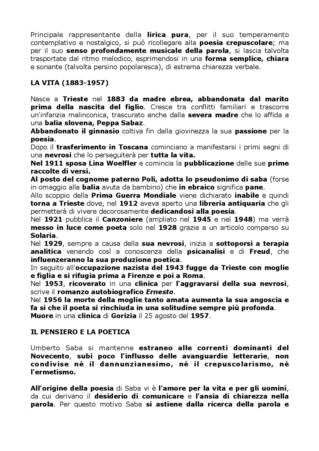 Appunti Vita Di Umberto Saba Docsity