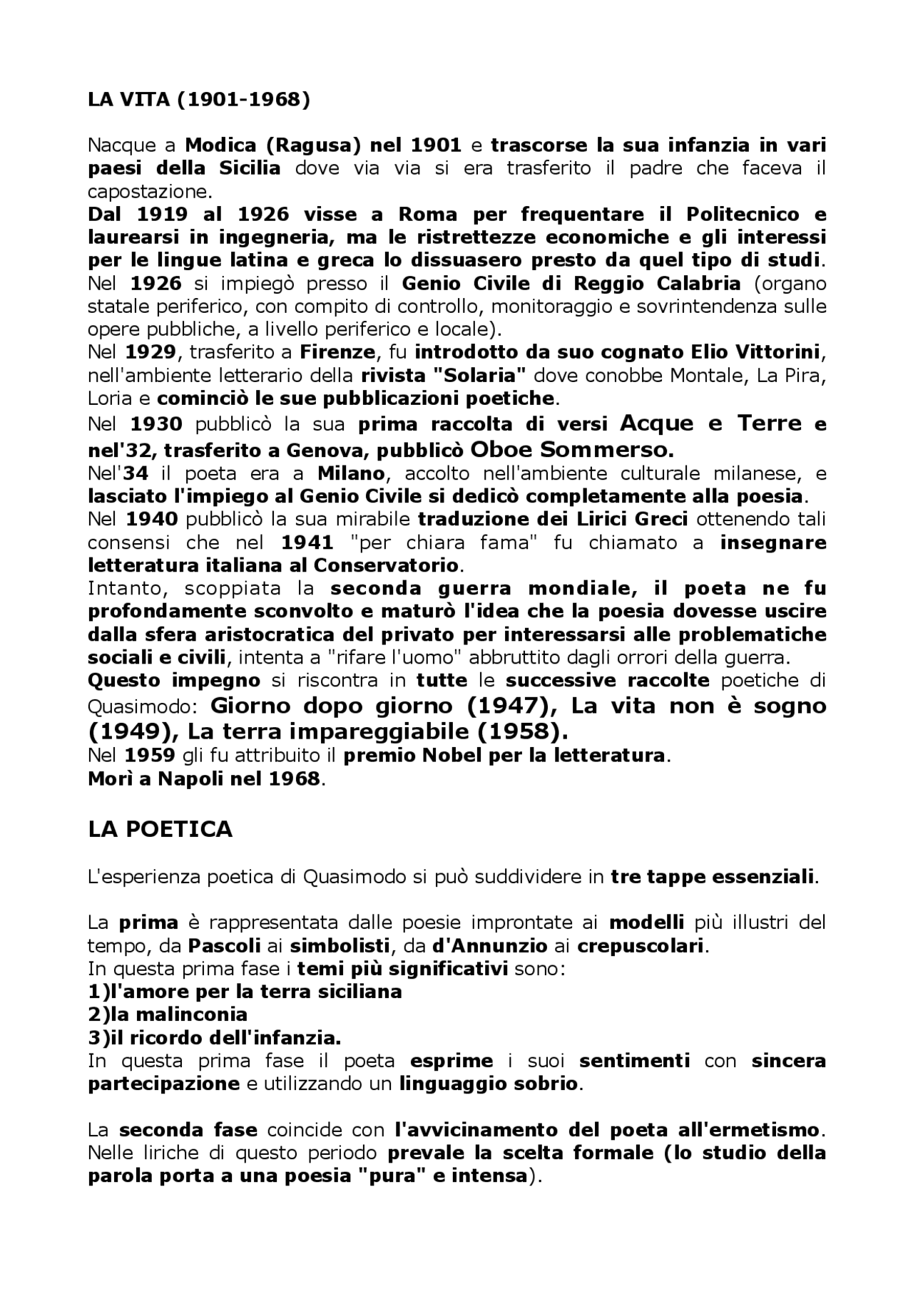 Vita Di Salvatore Quasimodo Docsity