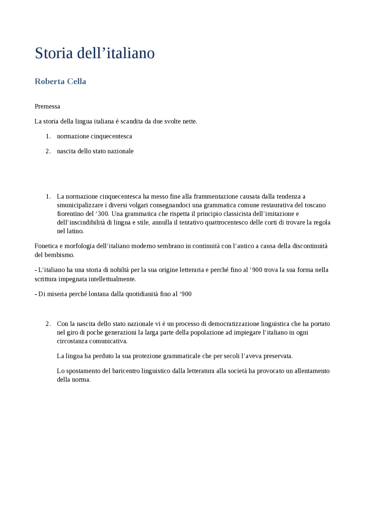 Storia Dellitaliano Roberta Cella Docsity
