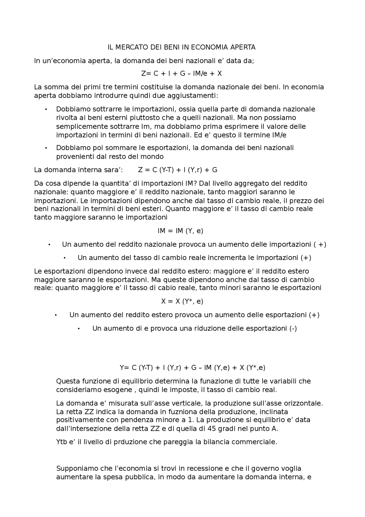 Il Mercato Dei Beni In Economia Aperta Docsity
