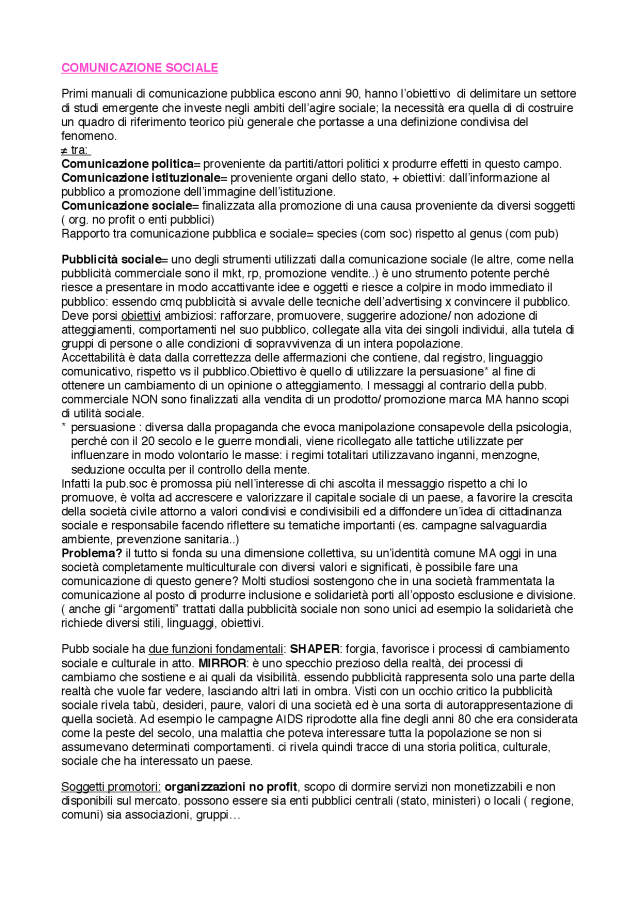 Riassunto Comunicazione Sociale Docsity