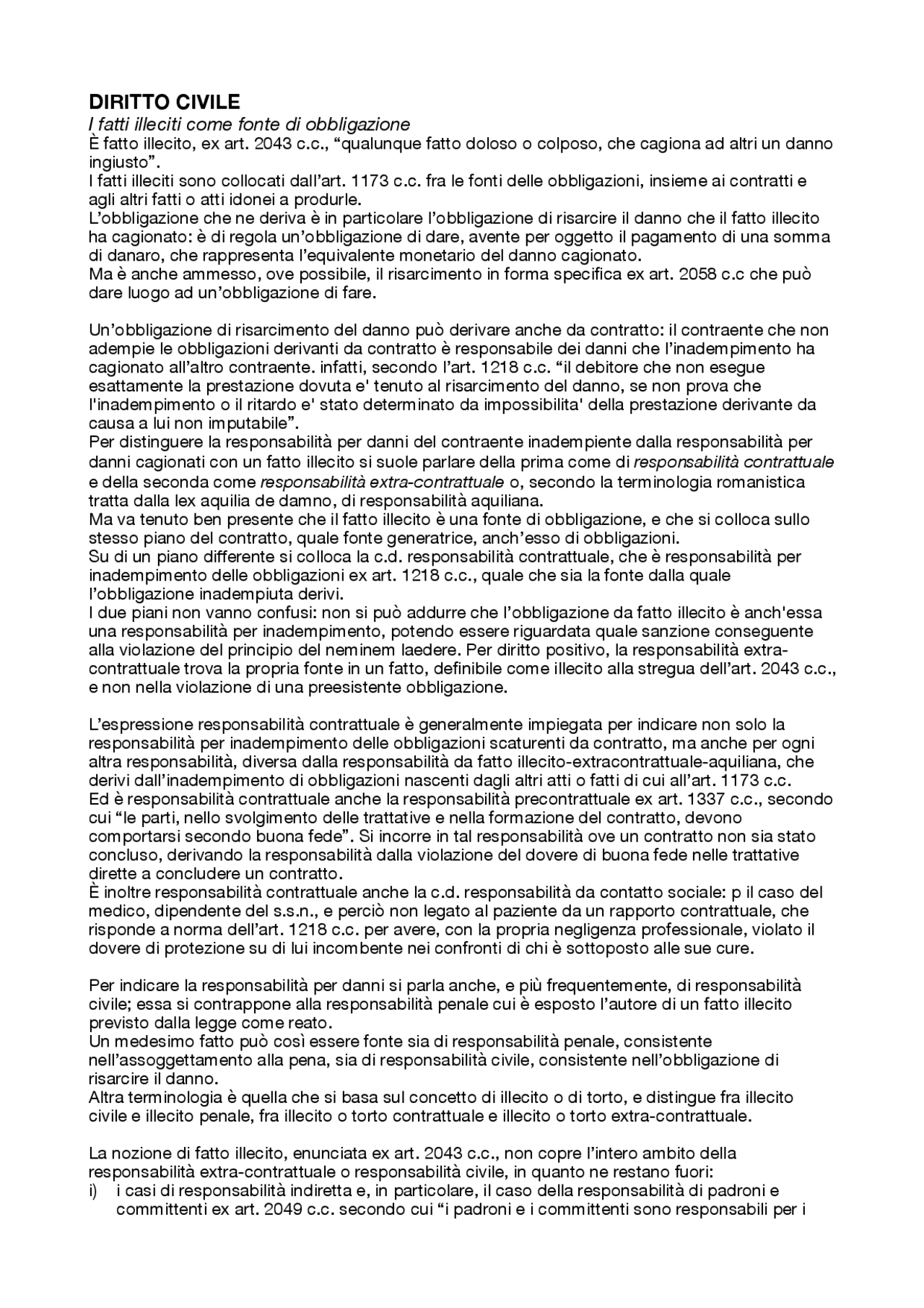 Riassunto De I Fatti Illeciti Di Fgalgano Docsity