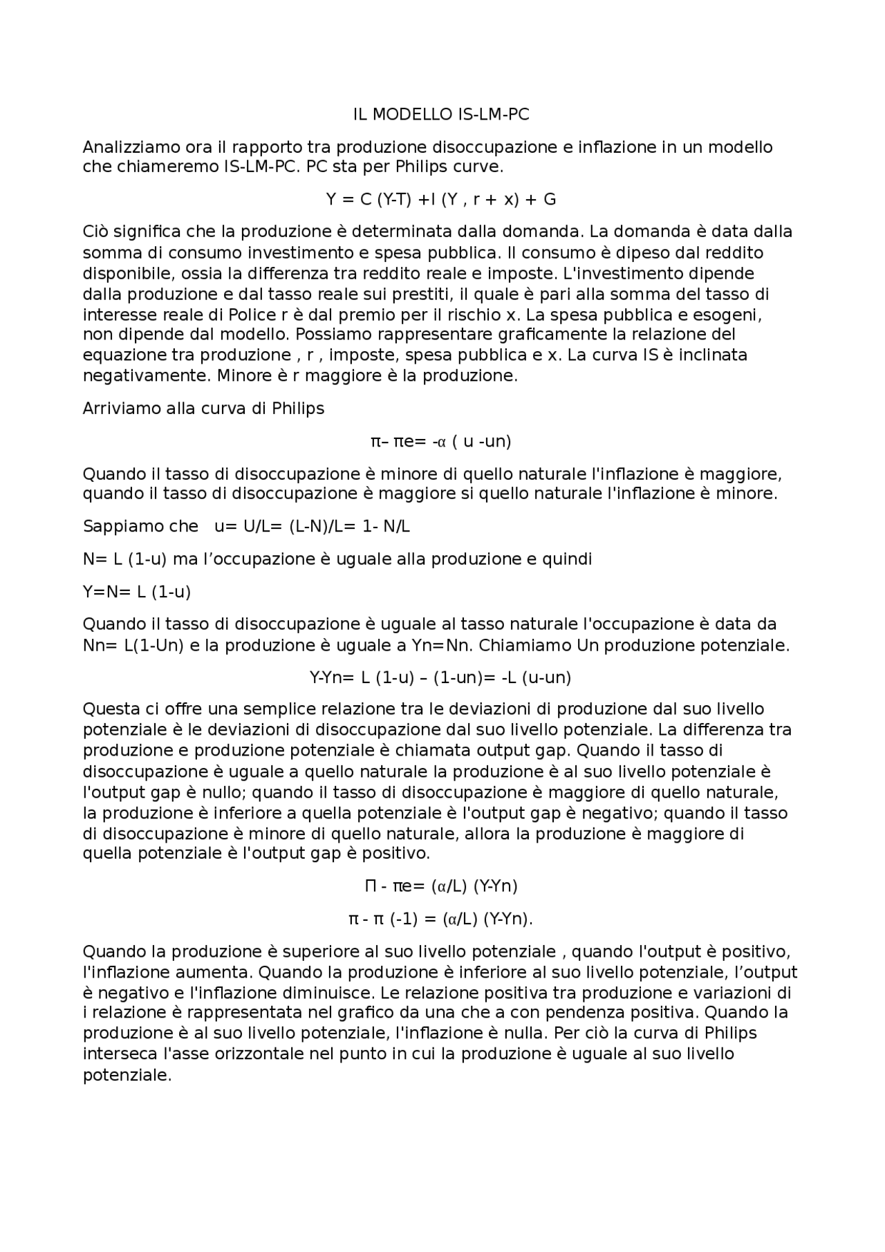Il Modello Is Lm Pc Dal Breve Al Medio Periodo Docsity