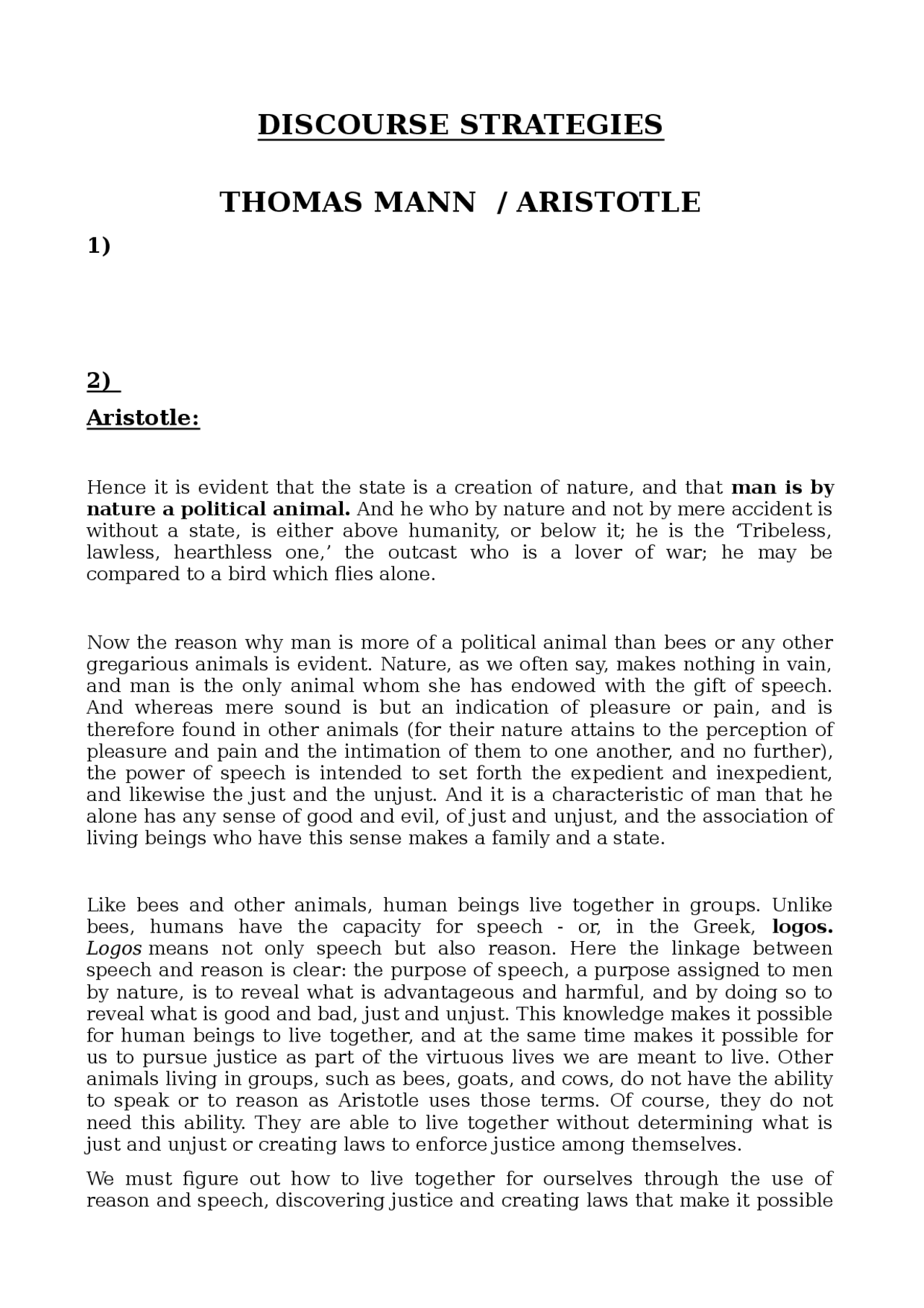 Aristotle And Thomas Mann Docsity