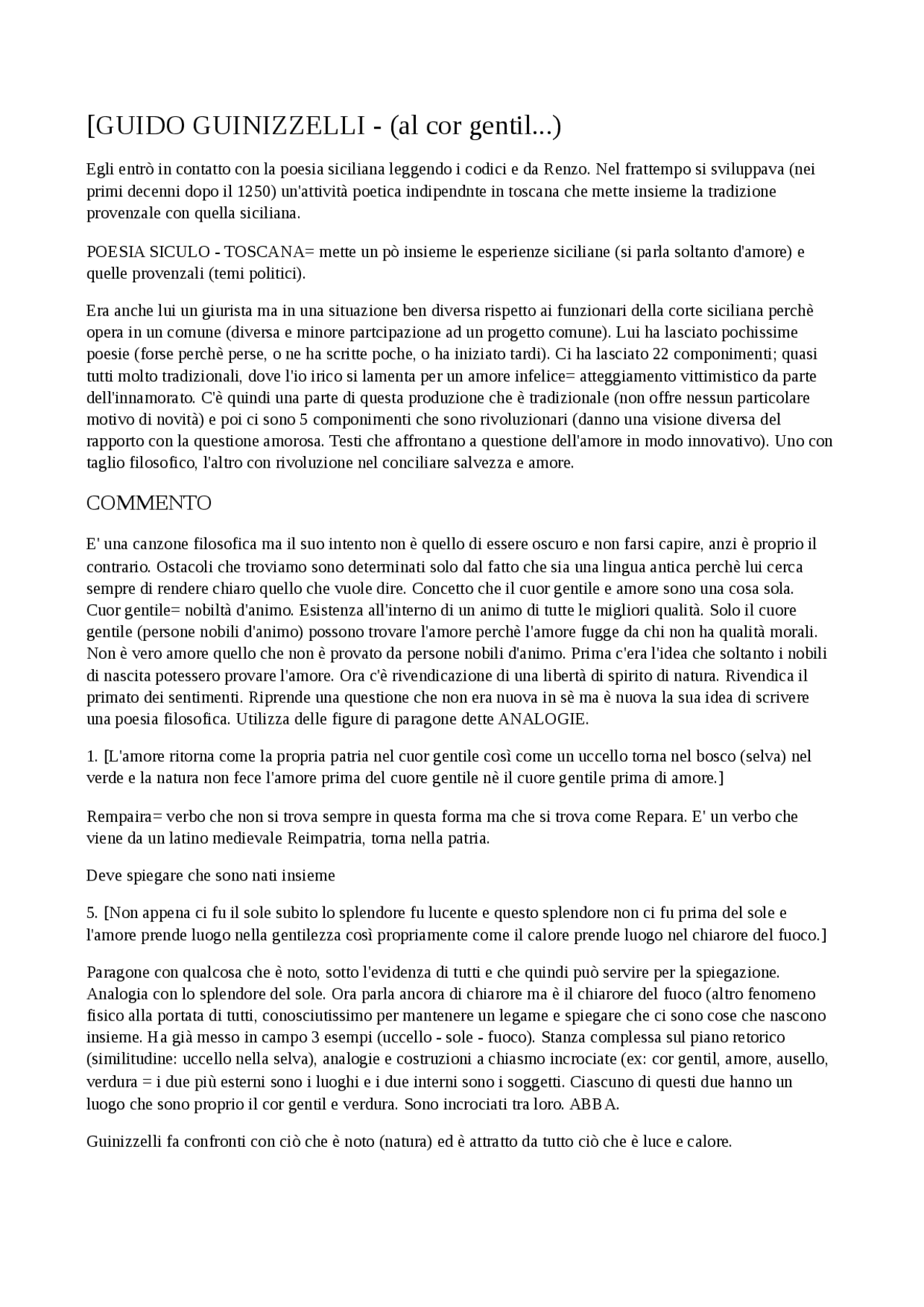 Guido Guinizzelli Al Cor Gentil Docsity