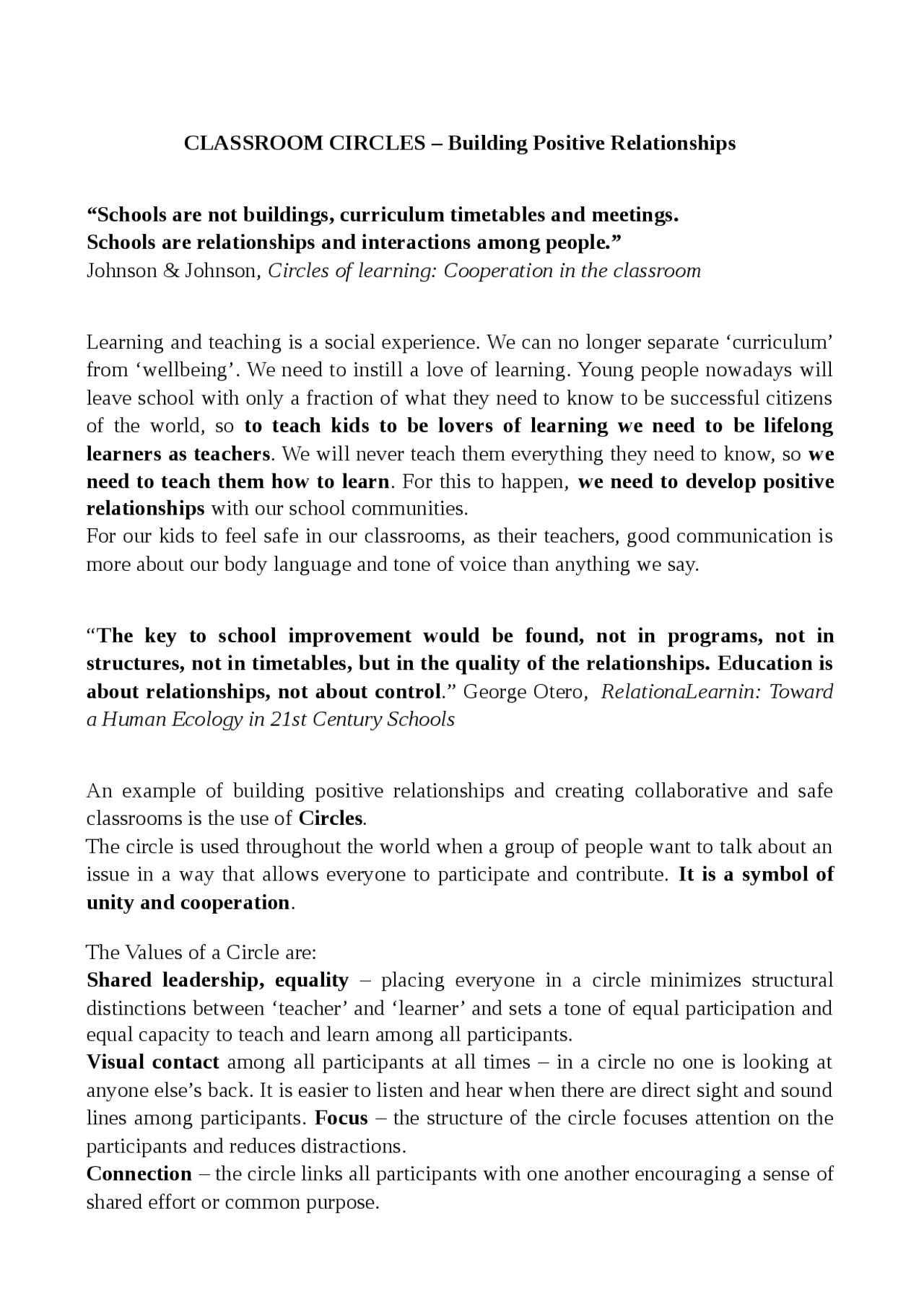 Classroom circles. Building Positive Relationships - Docsity