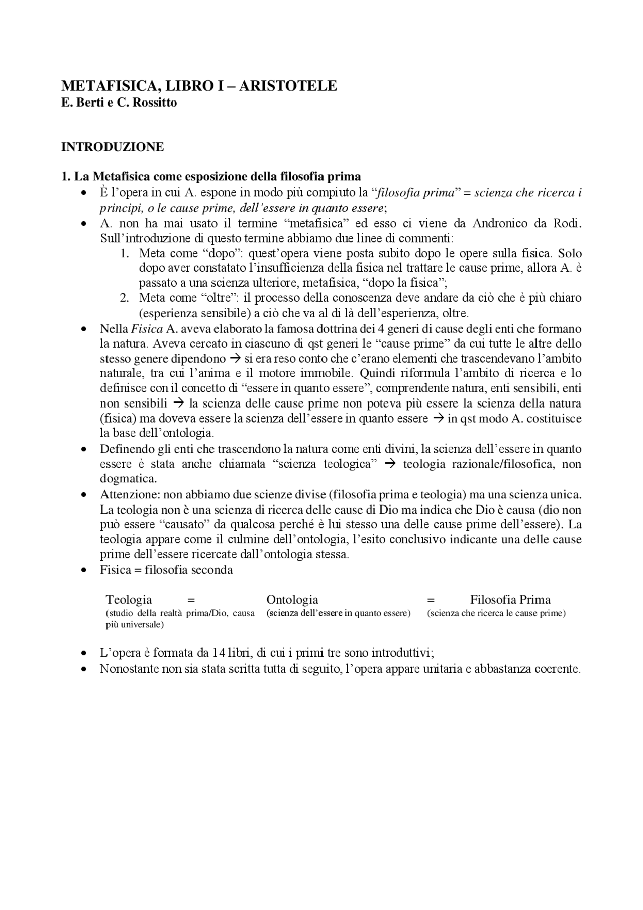 Metafisica Libro I Commento E Sintesi Docsity