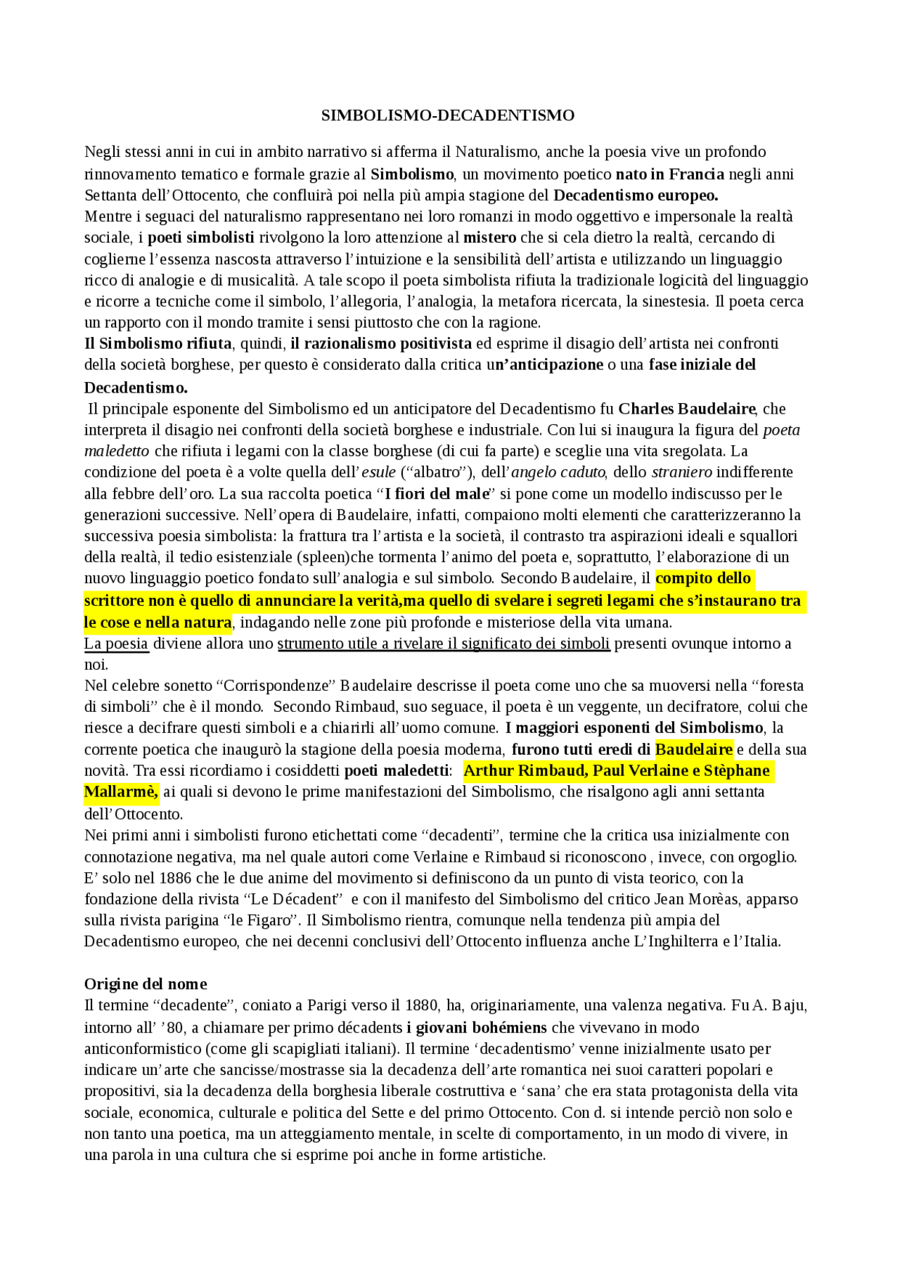 Simbolismo Decadentismo Docsity