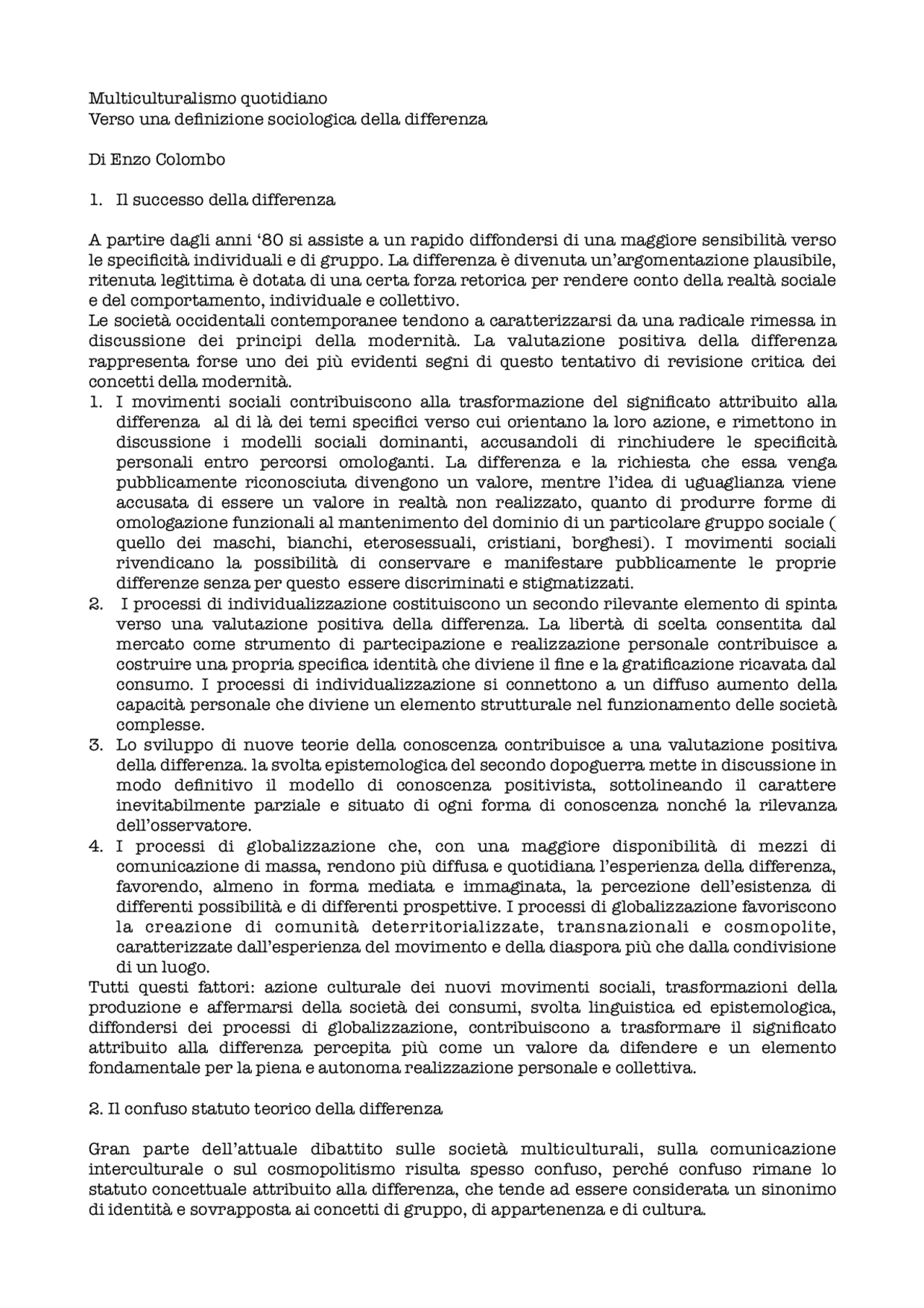 Riassunto Multiculturalismo Quotidiano Di Enzo Colombo Docsity