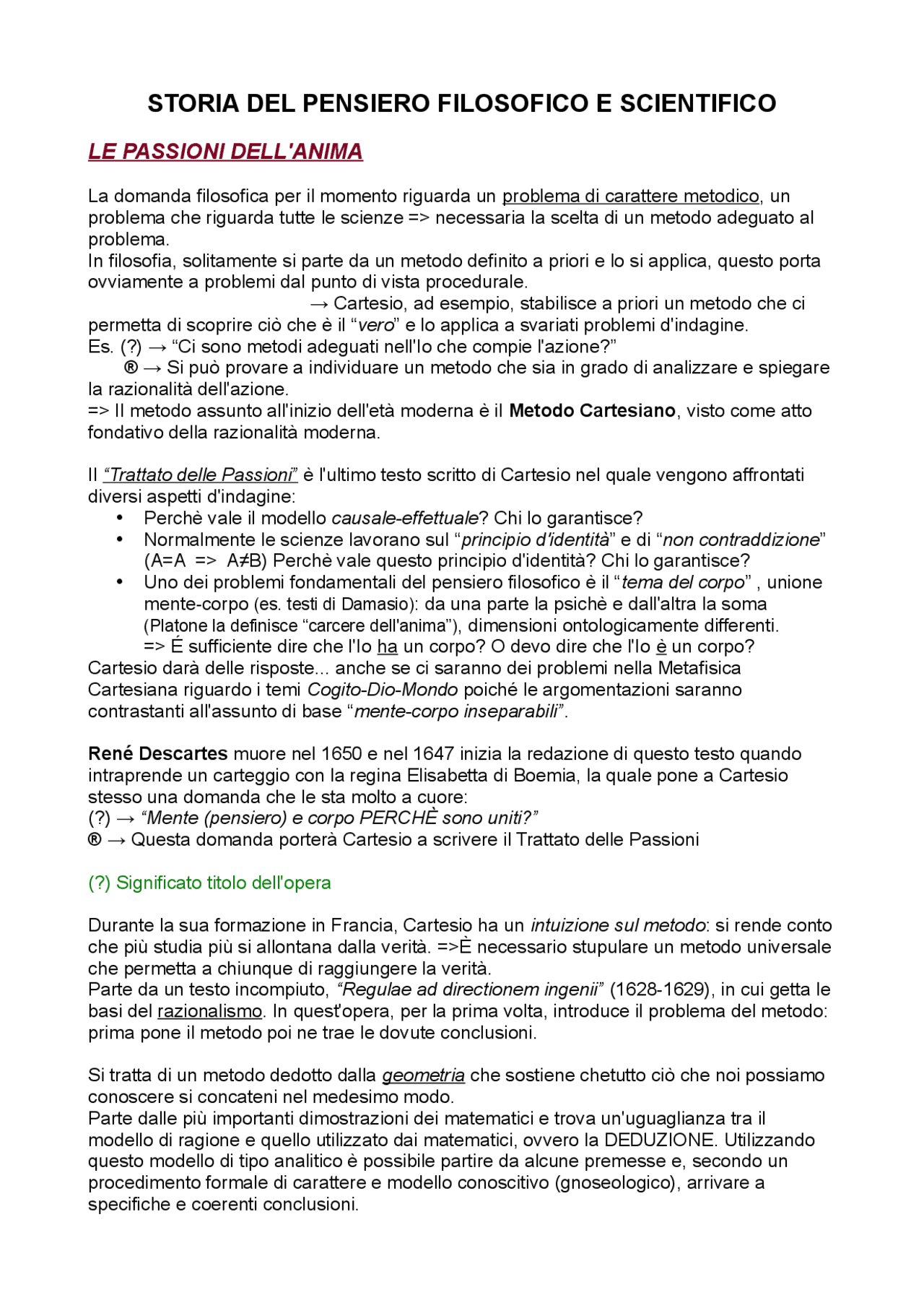 Le Passioni Dellanima Cartesio Docsity