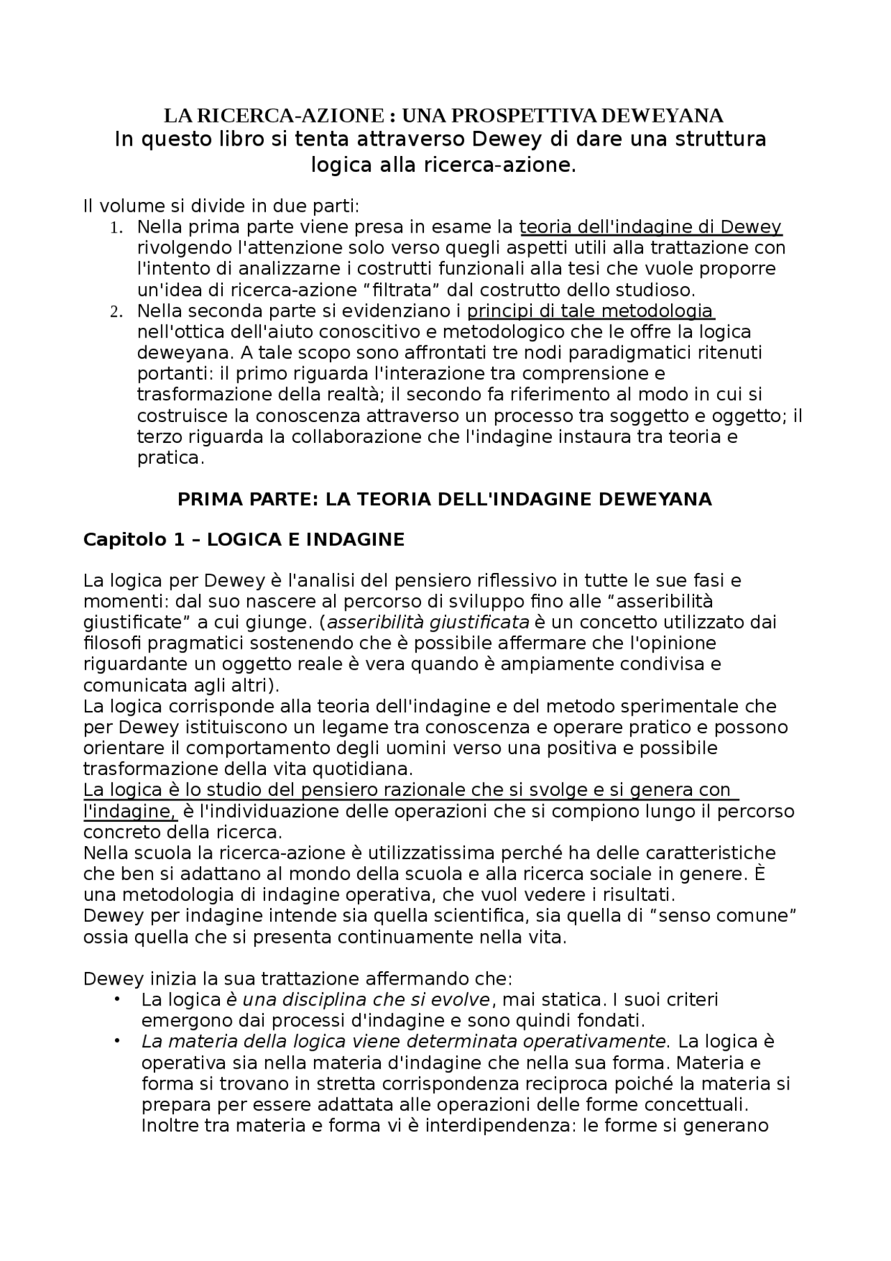 La ricerca-azione. Una prospettiva deweyana - Docsity