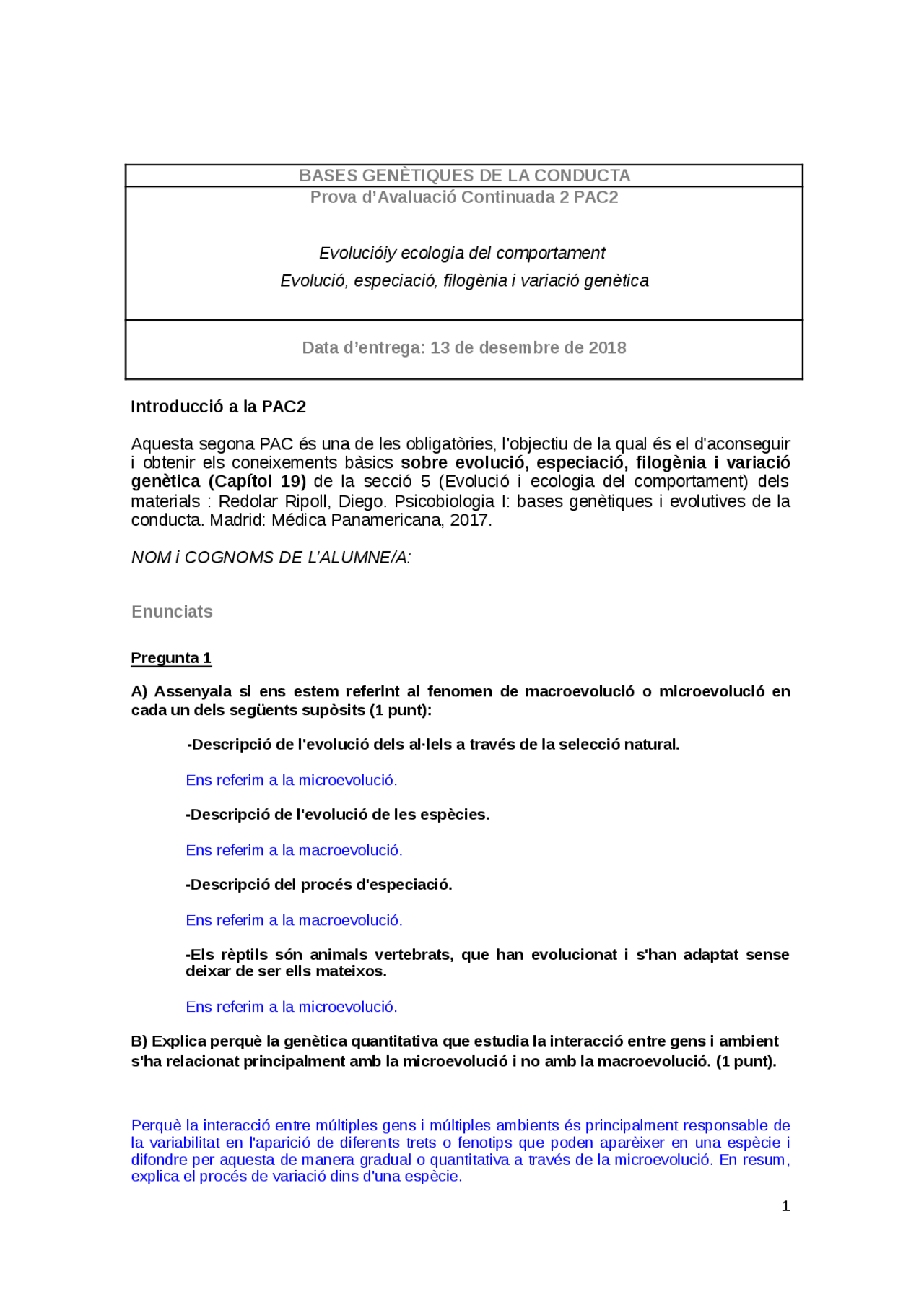 Pac2 Correció 2018 Bases Genètiques De La Conducta Docsity