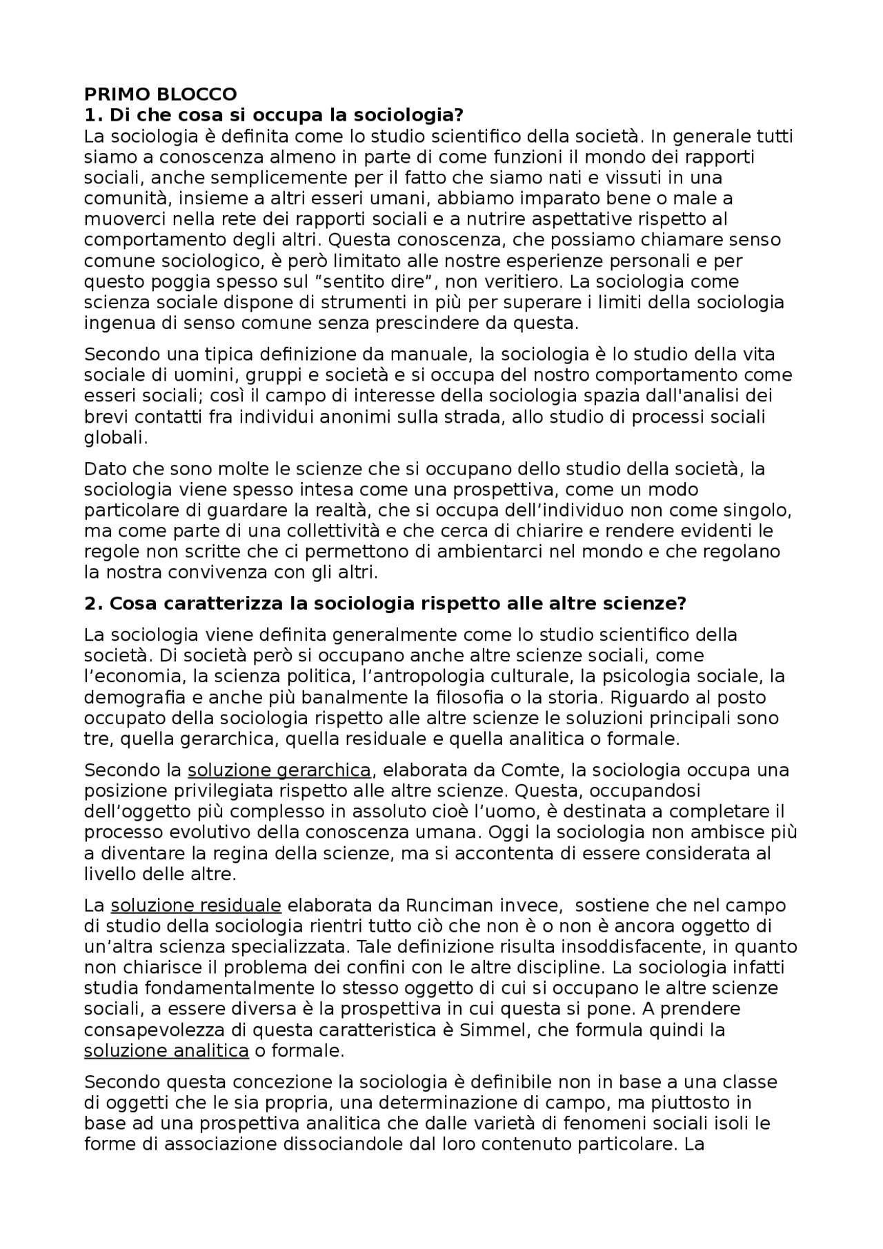 Domande Sociologia Generale Giorgi Docsity