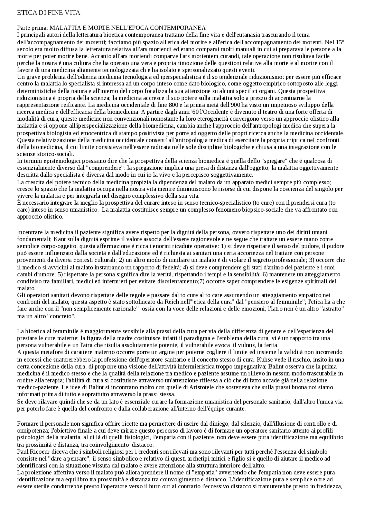 Etica Di Fine Vita Di Turoldo Docsity